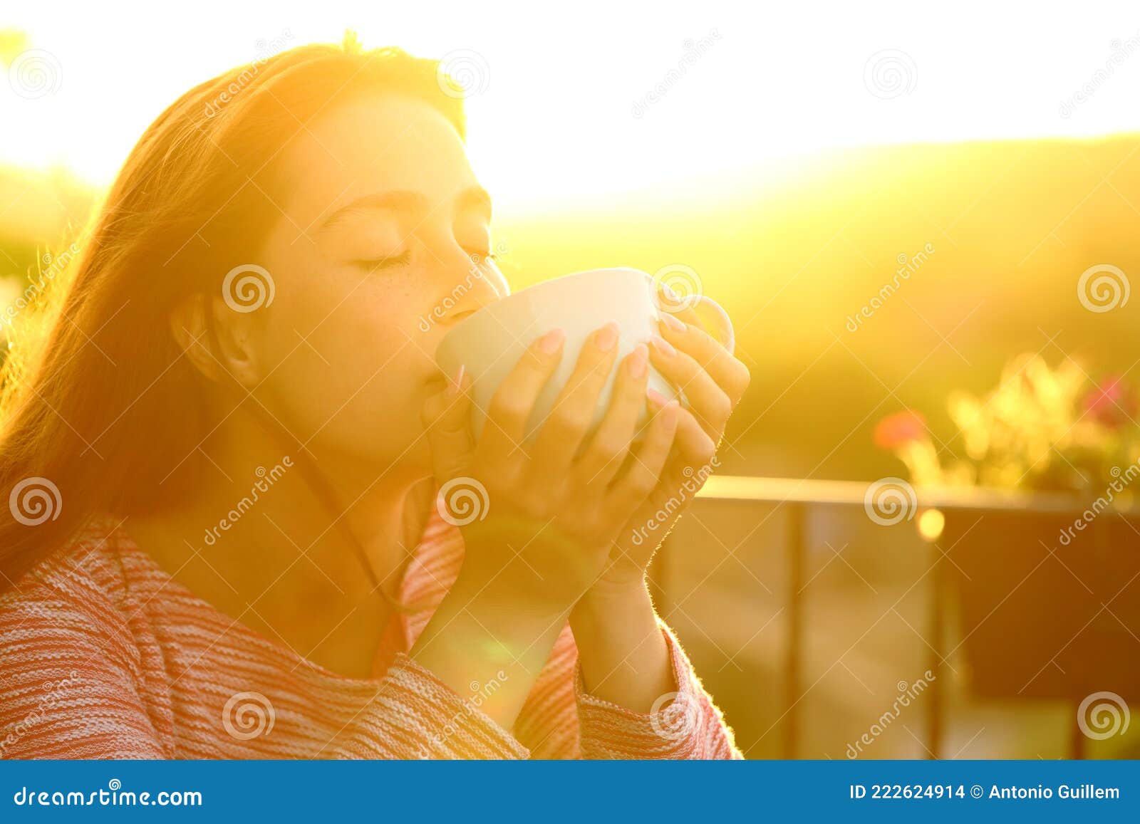 Woman Relaxing Drinking Coffee at Sunset Stock Photo - Image of home ...