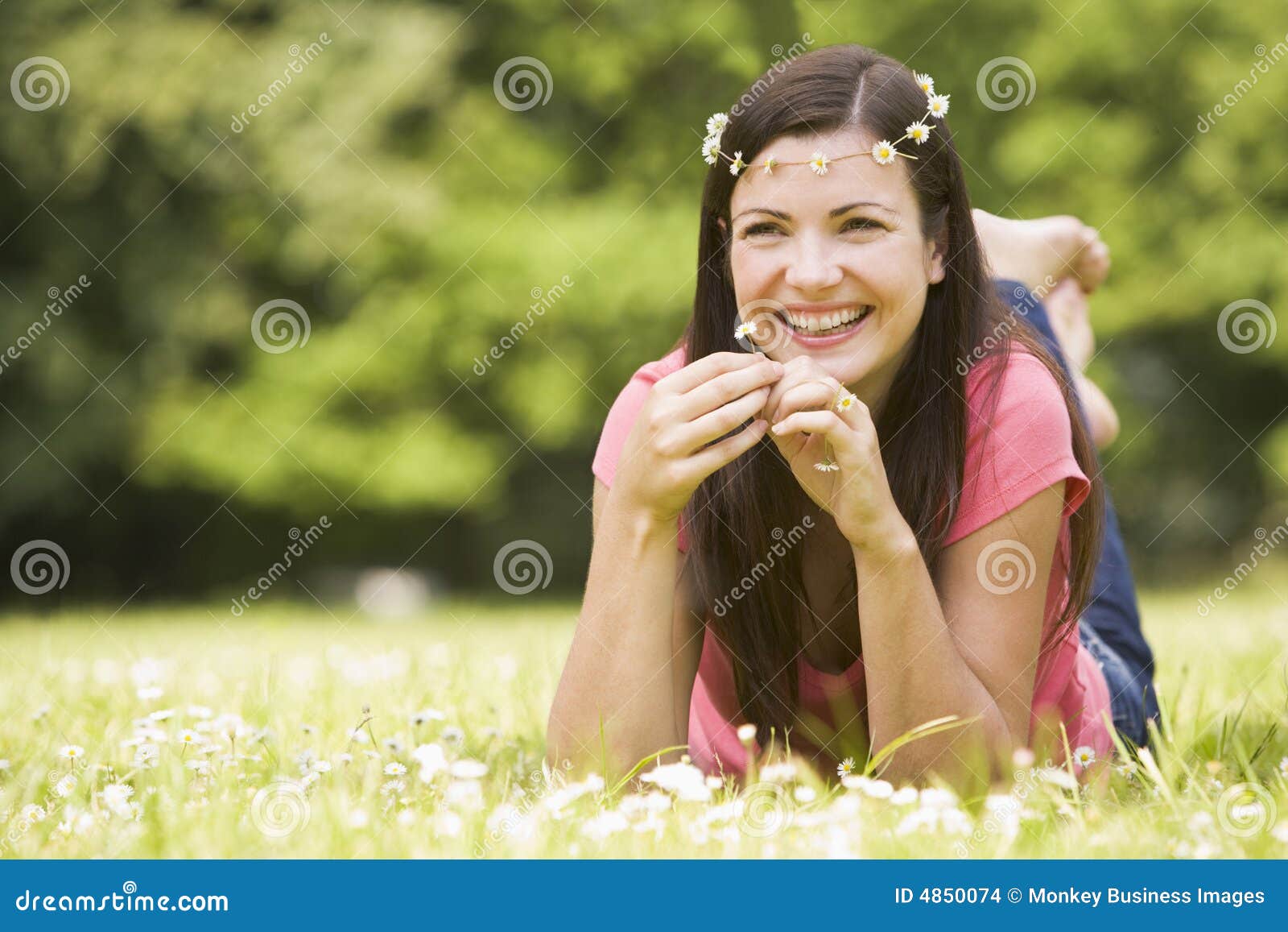 Woman Relaxing in Field of Daisies Stock Photo - Image of field, adult ...