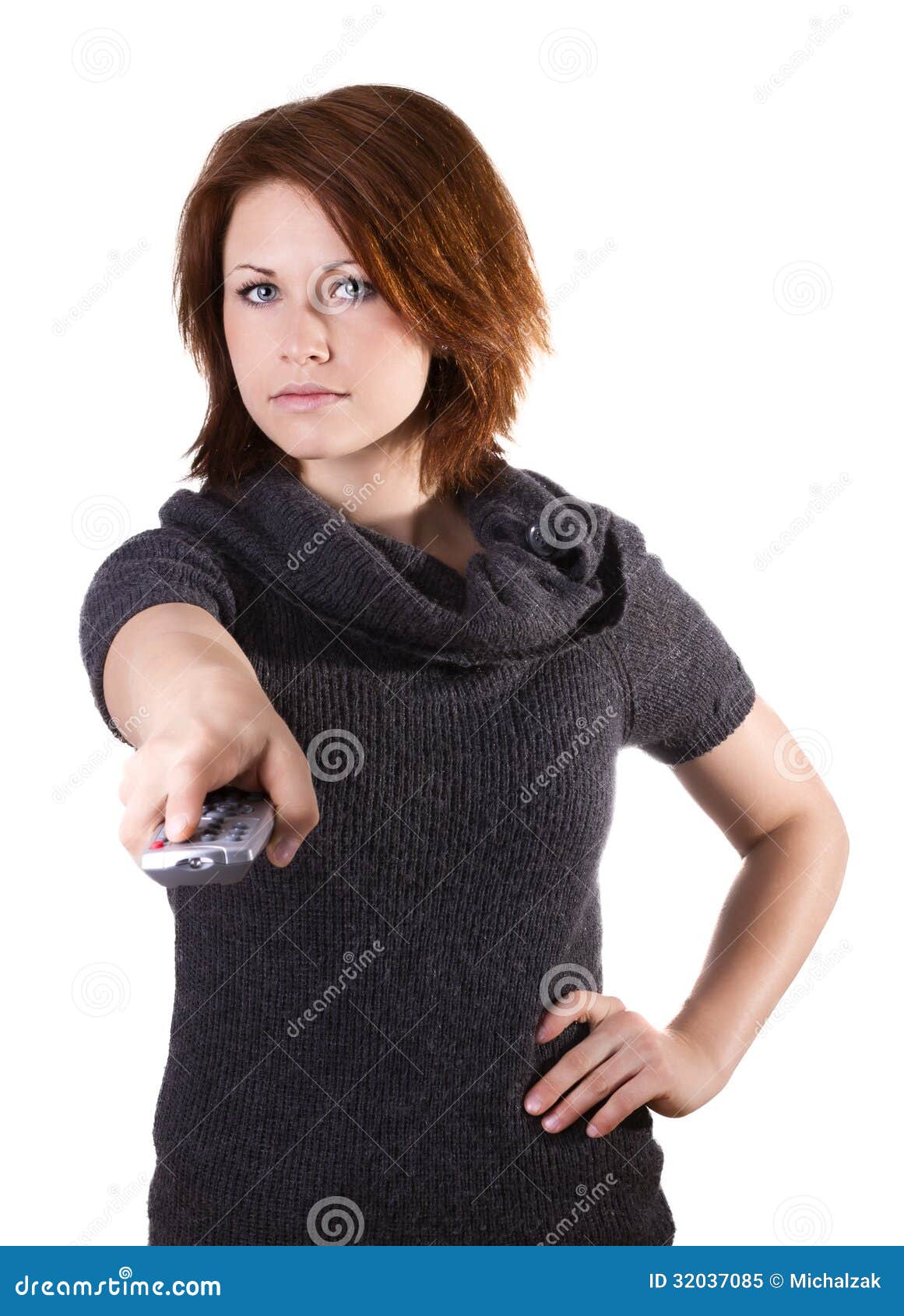 Woman with remote stock image. Image of equipment, isolated - 32037085