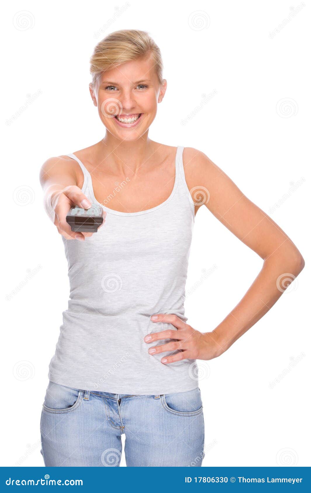Woman with remote control stock photo. Image of front - 17806330