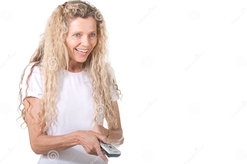 Woman with remote control stock photo. Image of holding - 26110972