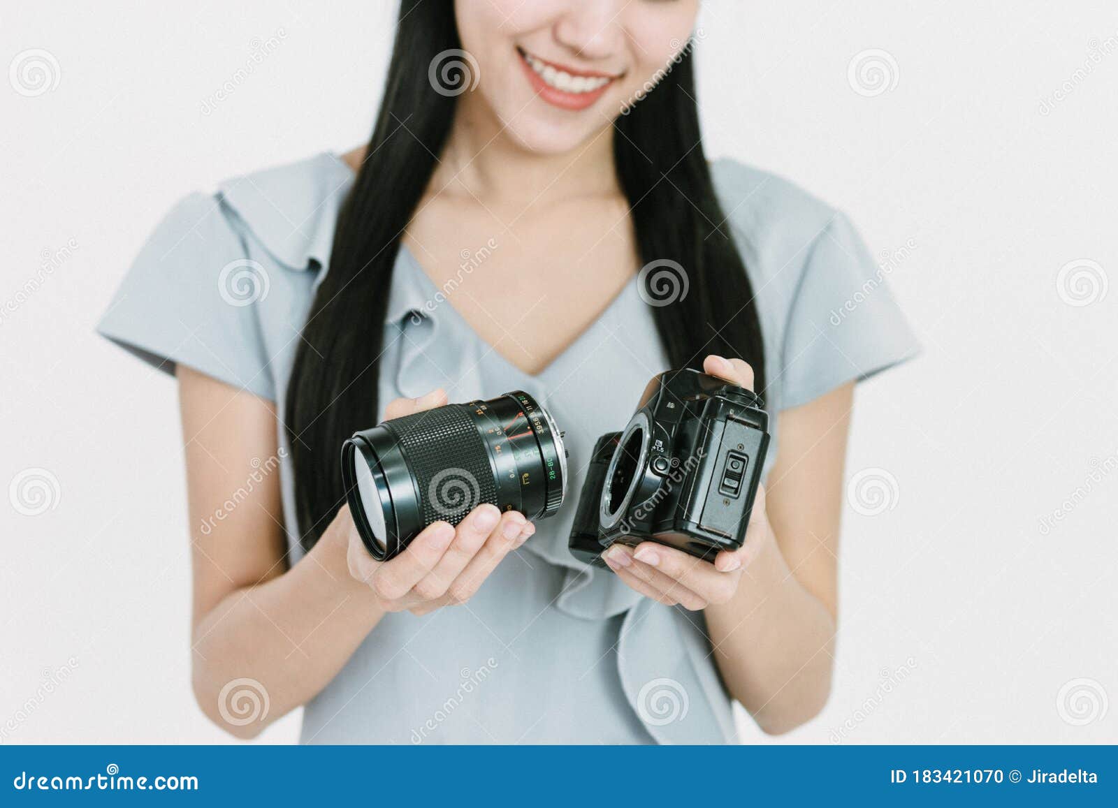 Woman Removing Lens from Camera Stock Photo - Image of woman, close ...