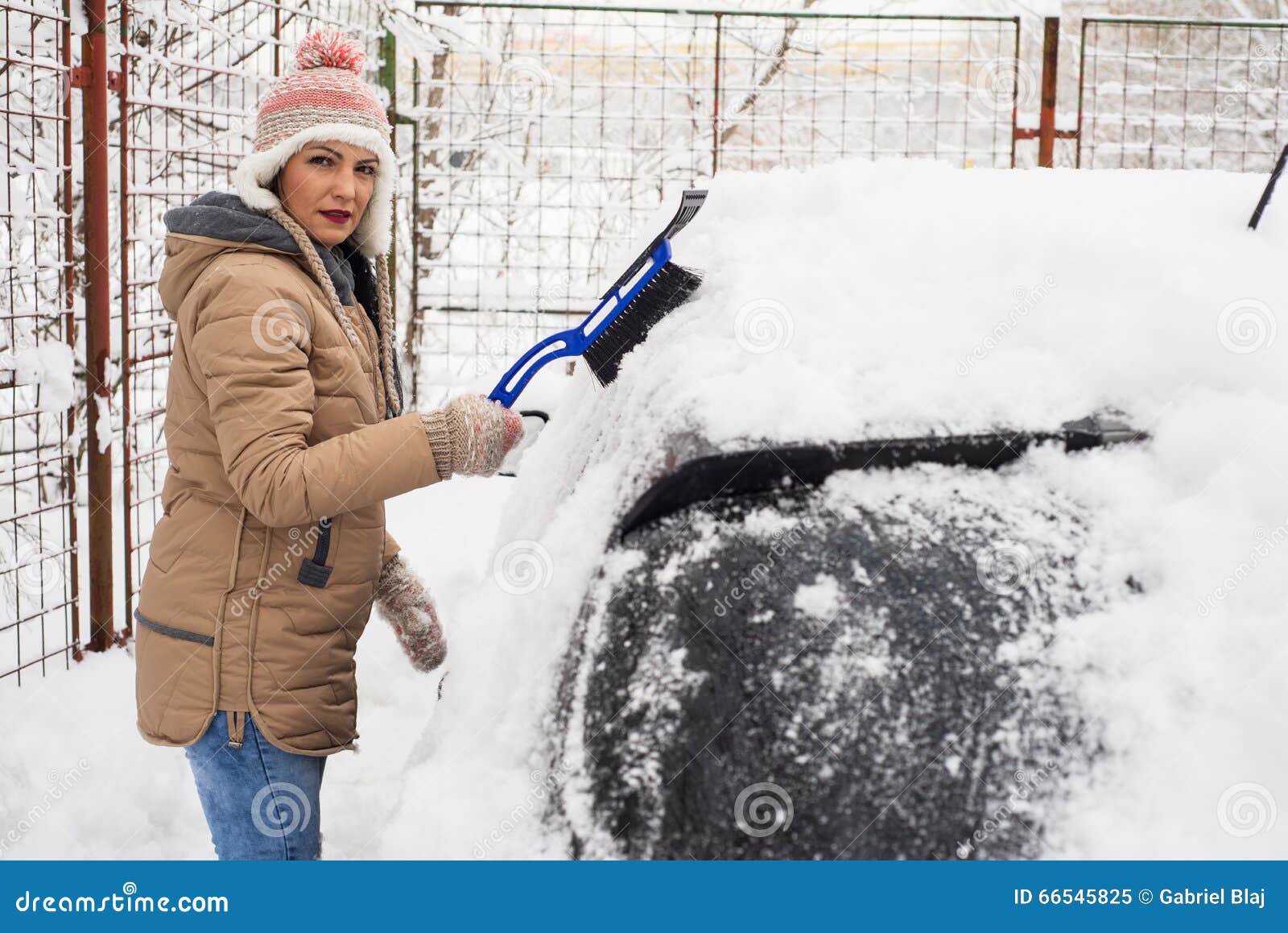 Woman Removing Snow from Car Stock Image - Image of remove, person ...