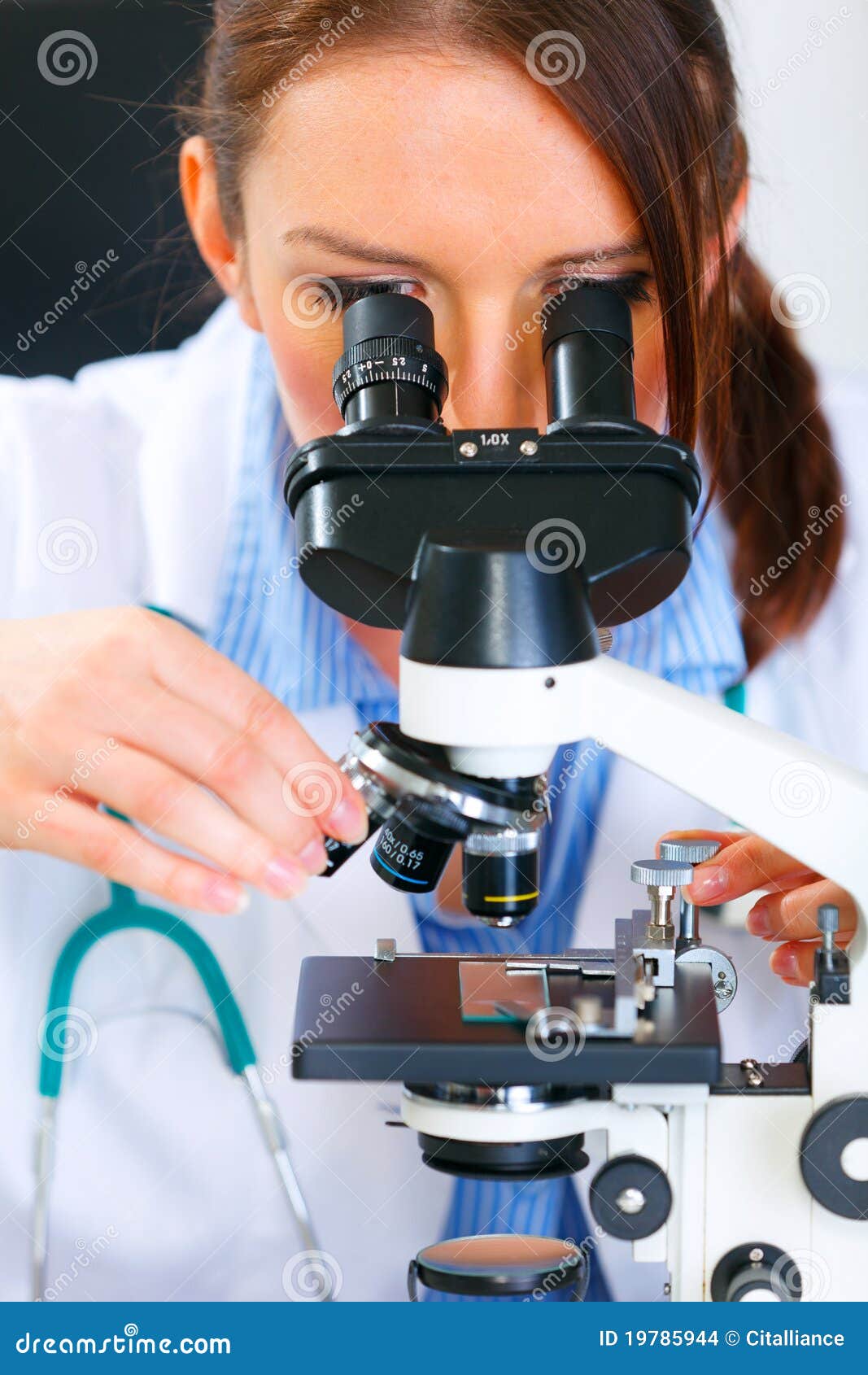 Woman Researcher Using Microscope. Close-up Stock Photo - Image of ...