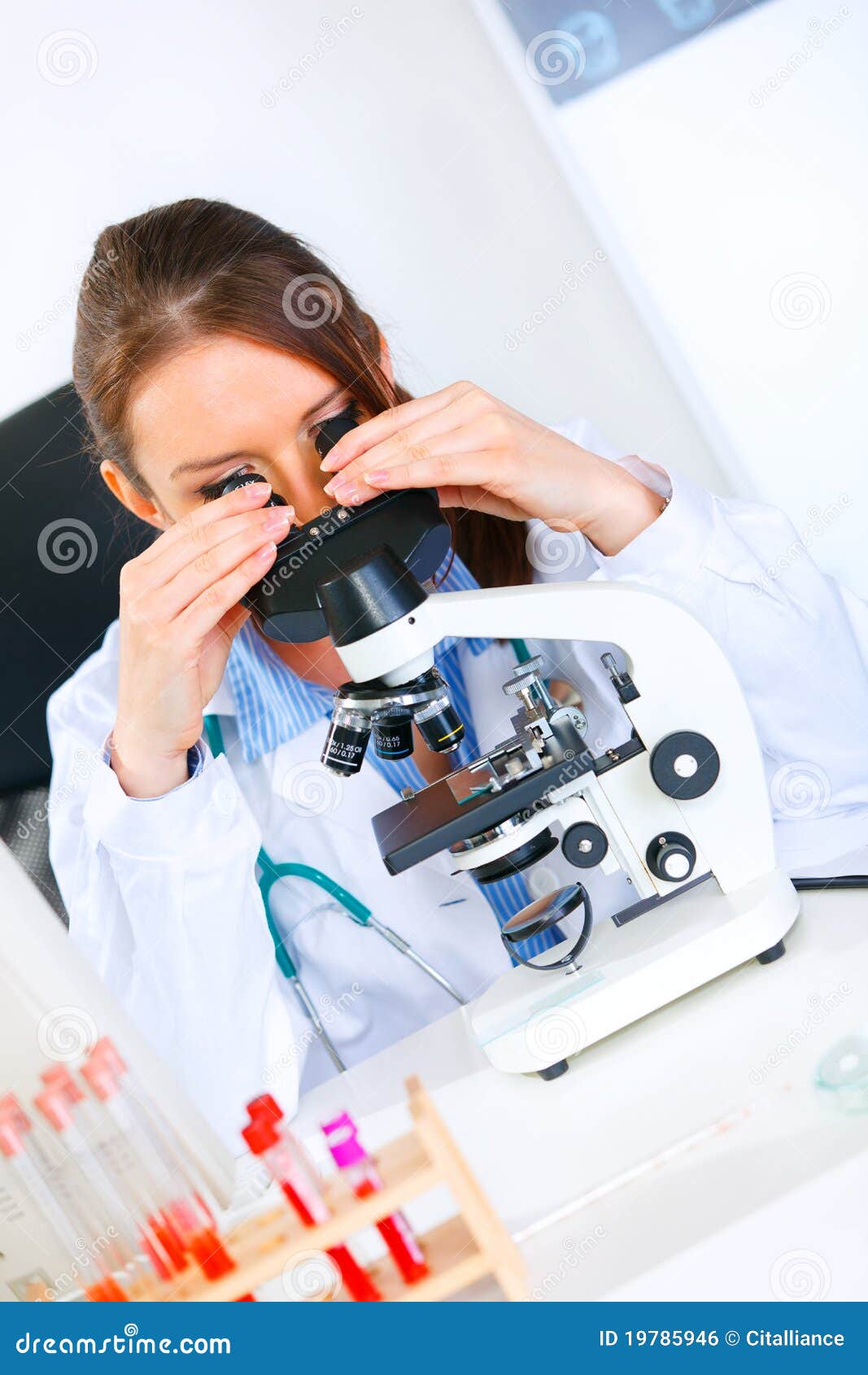 Woman Researcher Using Microscope. Close-up Stock Photo - Image of ...