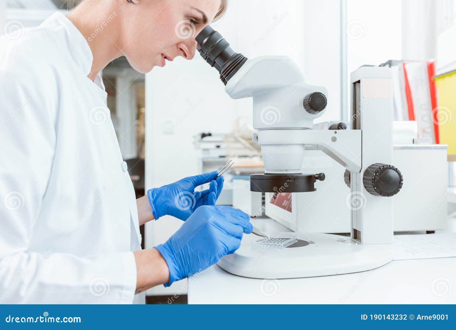 Woman Researcher Using Microscope Stock Photo - Image of development ...