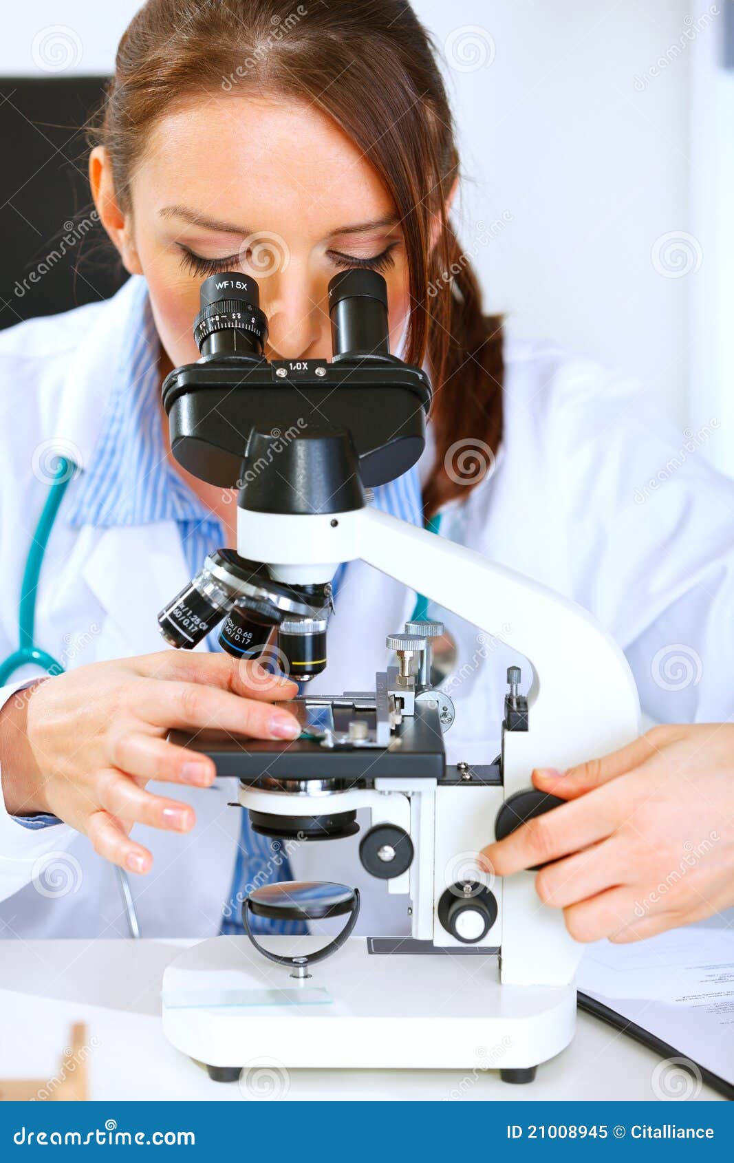 Woman Researcher Using Microscope in Laboratory. Stock Image - Image of ...