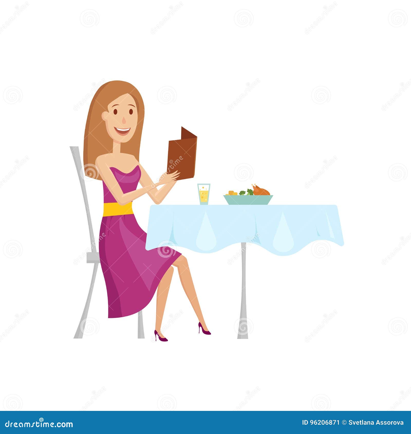 The Woman In The Restaurant For Dinner. Flat And Cartoon Style.Vector ...
