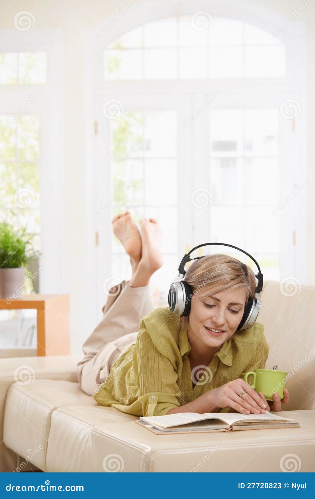 Woman Resting on Couch at Home Stock Image - Image of colorful, green ...