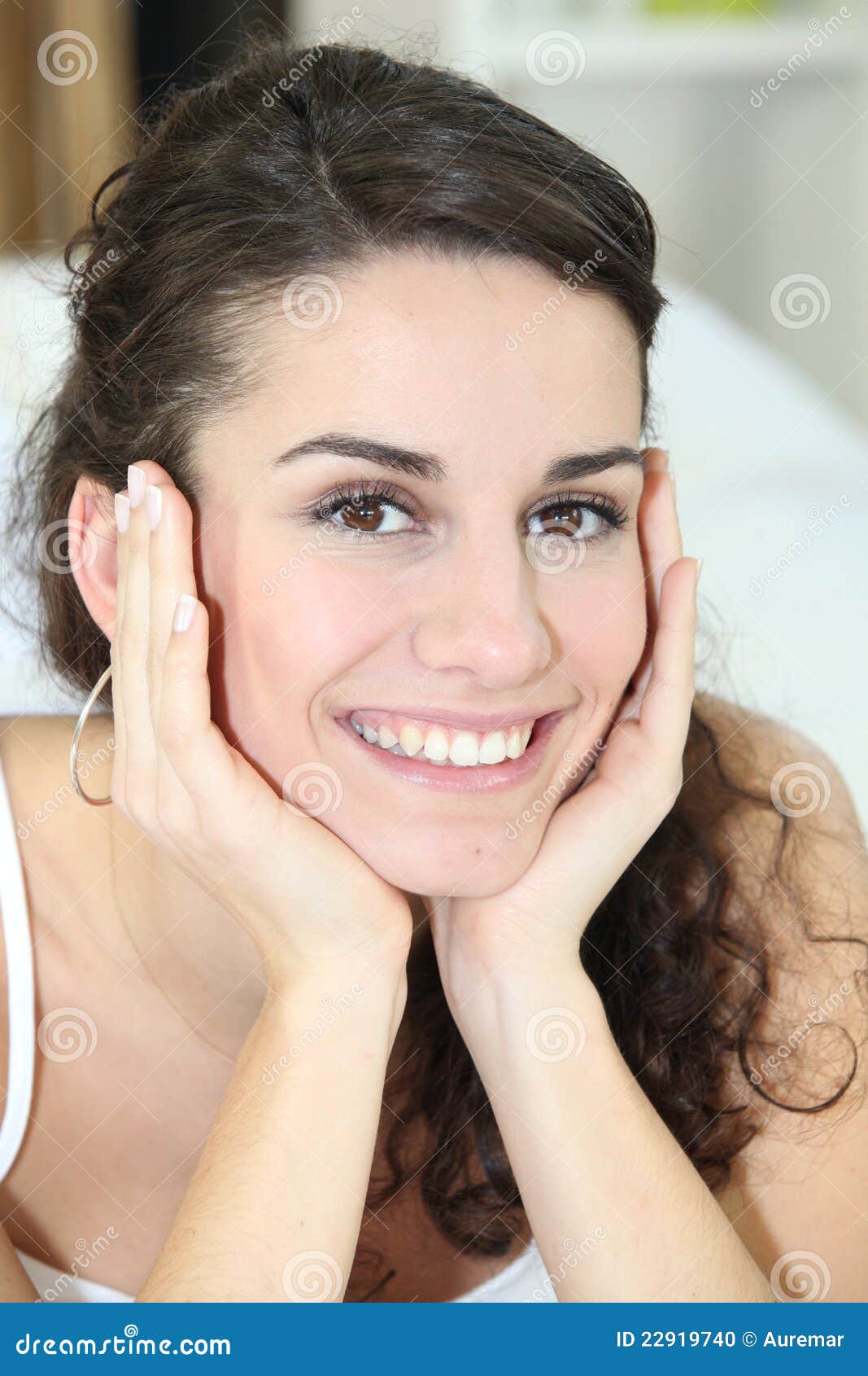 Woman Resting Face in Hands Stock Photo - Image of delightful, happy ...