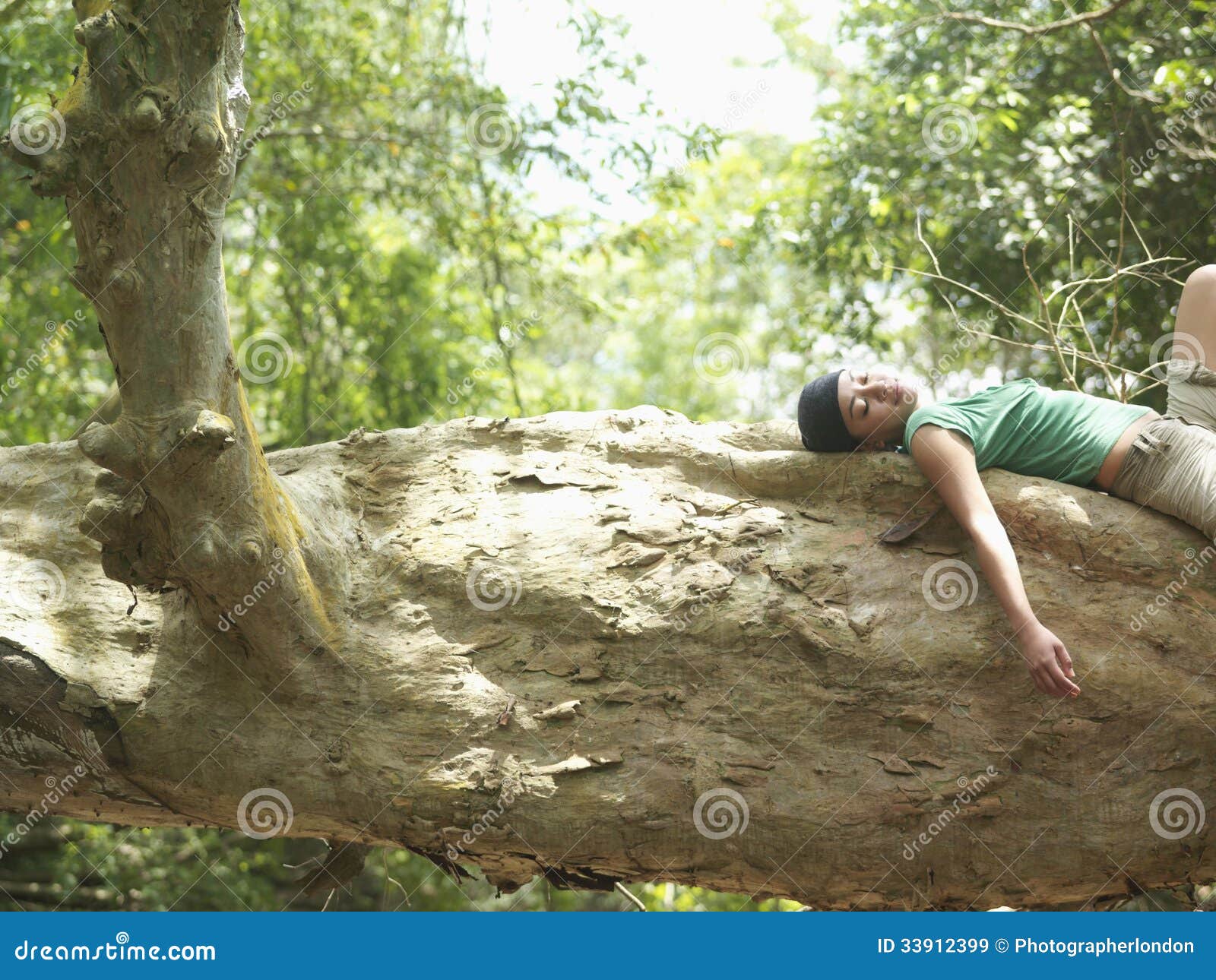 Woman Resting on Tree Branch in Forest Stock Image - Image of adult ...