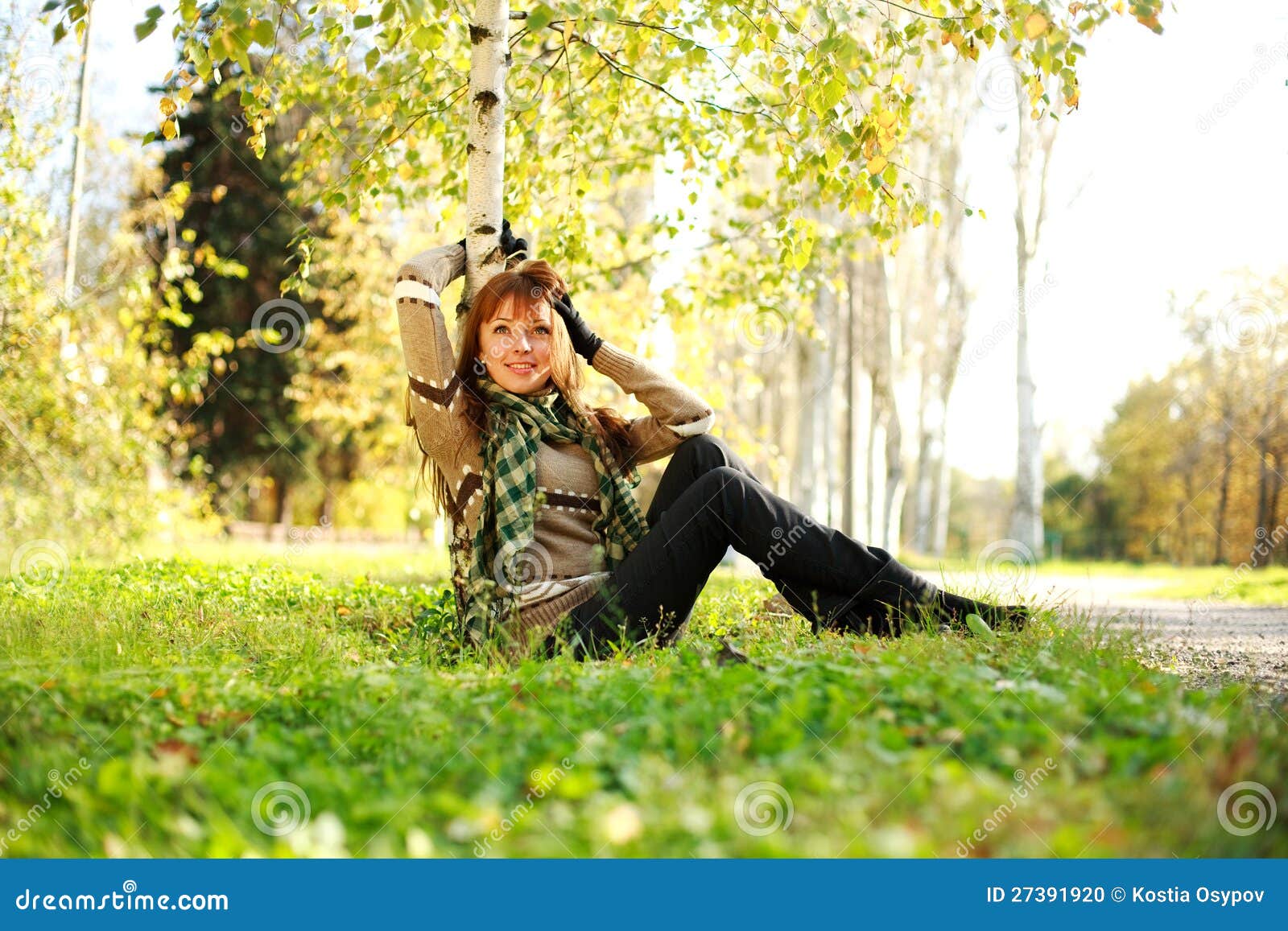 Woman Resting Under a Birch Tree in Autumn Park Stock Photo - Image of ...