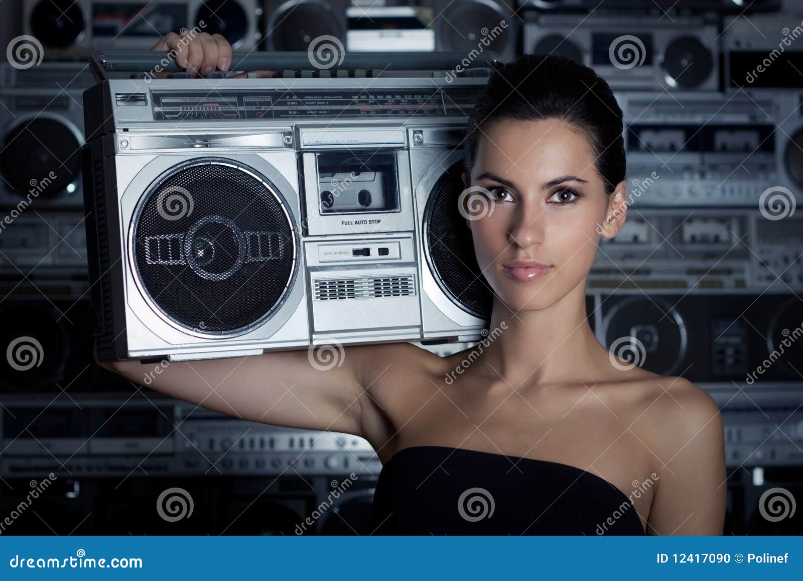 Woman with retro Boom Box stock photo. Image of beautiful - 12417090