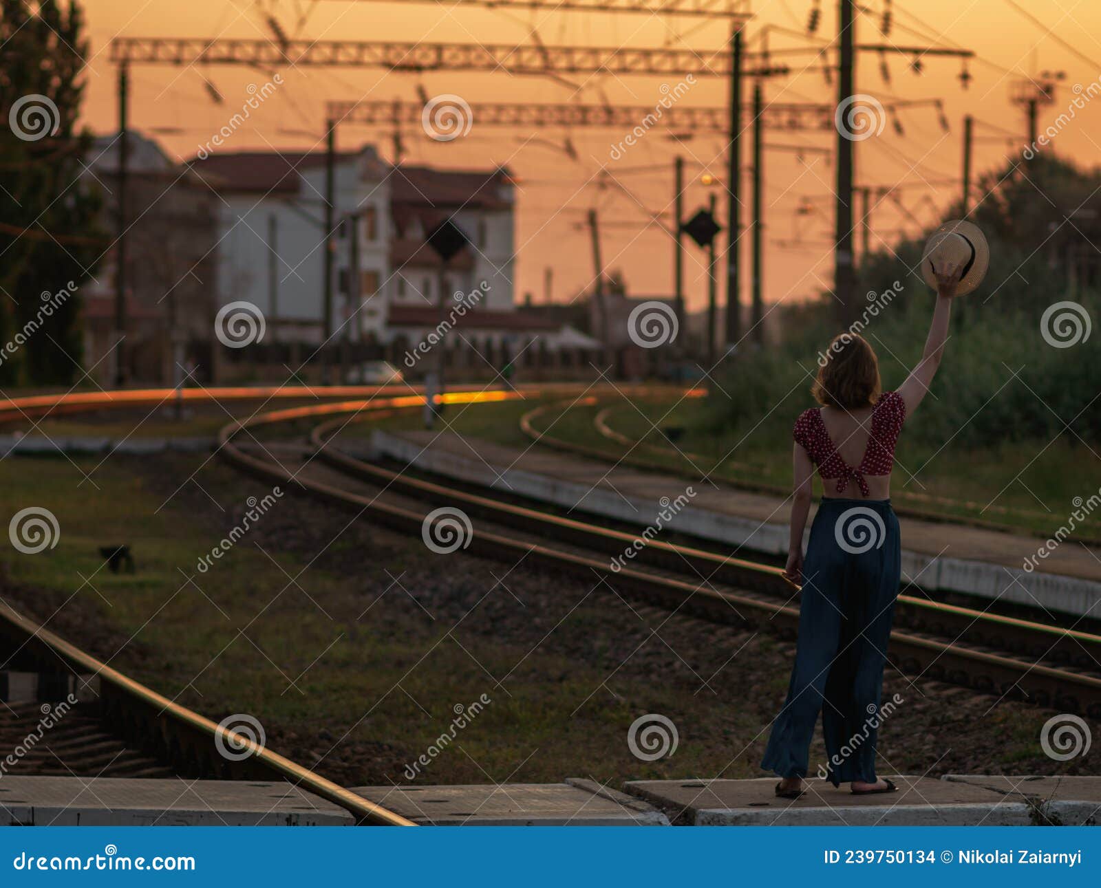 Woman in Retro Hat Waving Goodbye To the Train Stock Photo - Image of ...