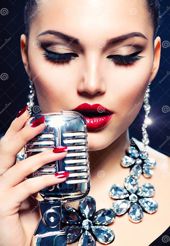 Woman with Retro Microphone Stock Photo - Image of person, microphone ...