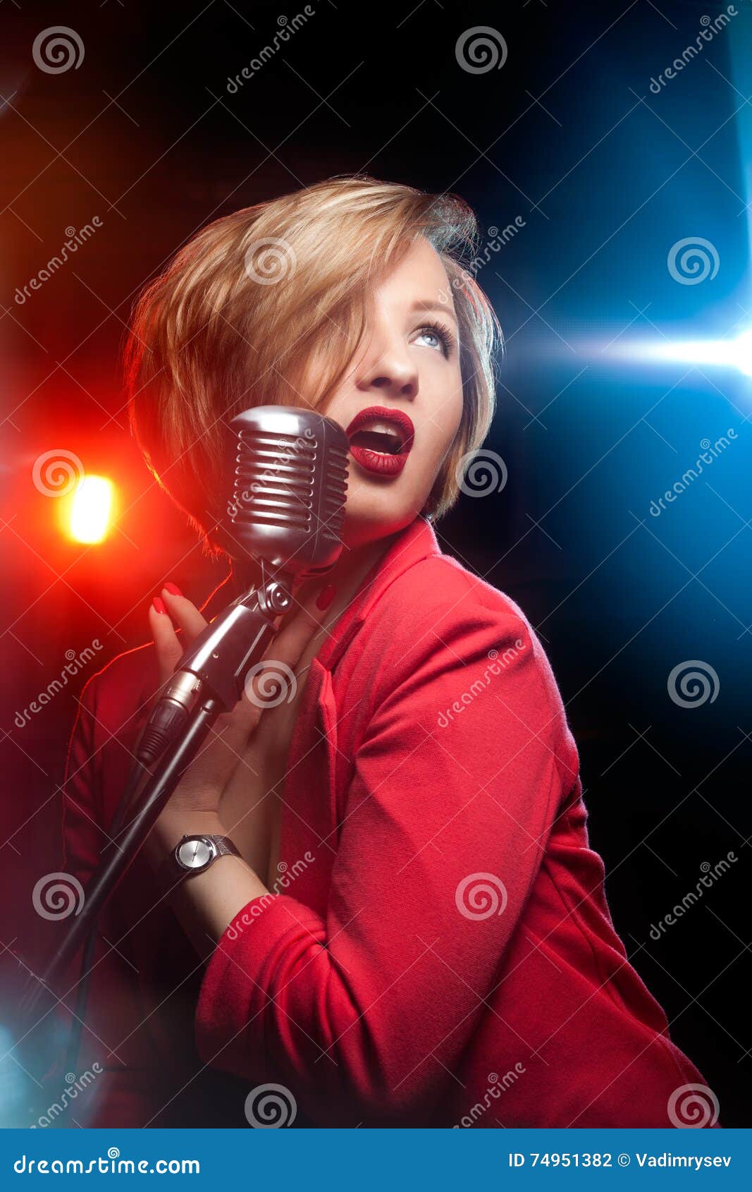 Woman with Retro Microphone Stock Photo - Image of black, performance ...