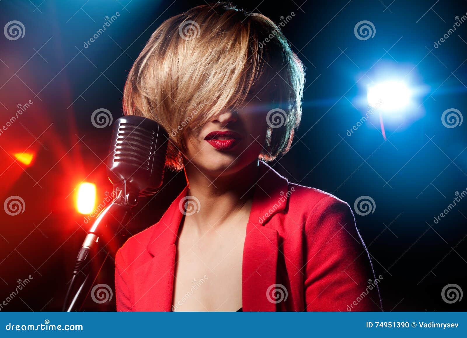 Woman with Retro Microphone Stock Photo - Image of restaurant, pretty ...