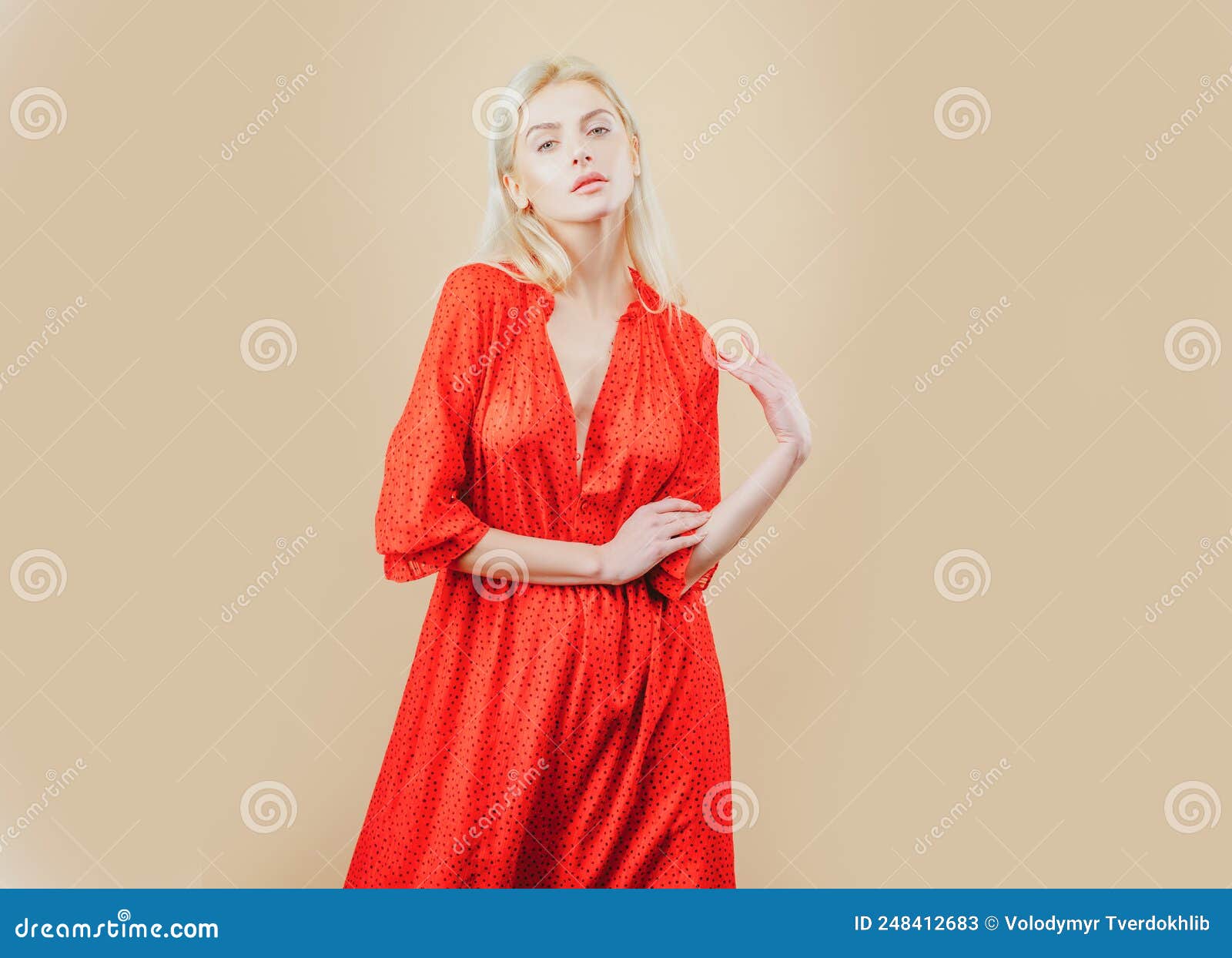 Woman In Retro Red Dress In Polka Dot Female Fashion Style Stock