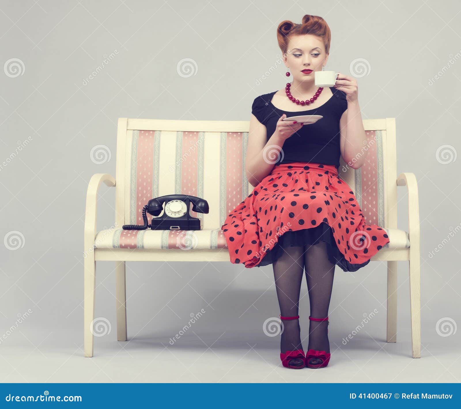 Woman in Retro Style Drinks Coffee Sitting on the Stock Image - Image ...
