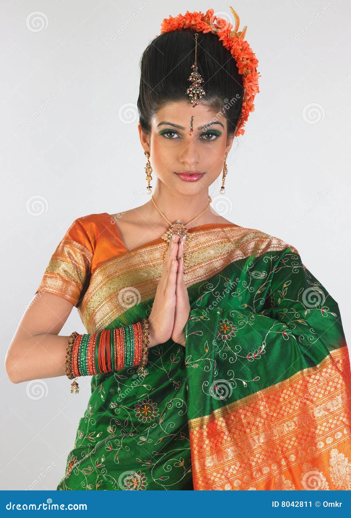 Woman in Rich Silk-sari with Welcome Posture Stock Image - Image of ...