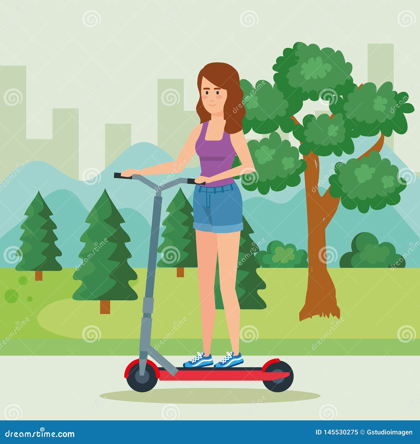 Woman Riding Electric Scooter In The Park Stock Illustration