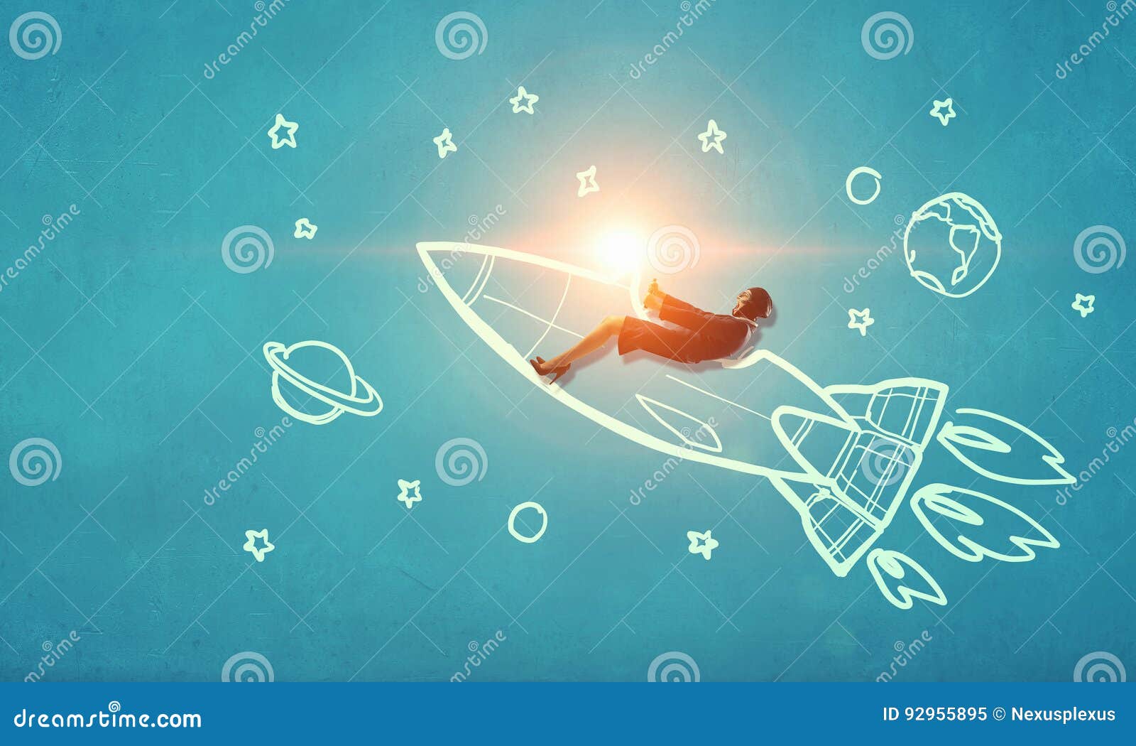 Woman Riding Space Rocket. Mixed Media Stock Image - Image of concept ...