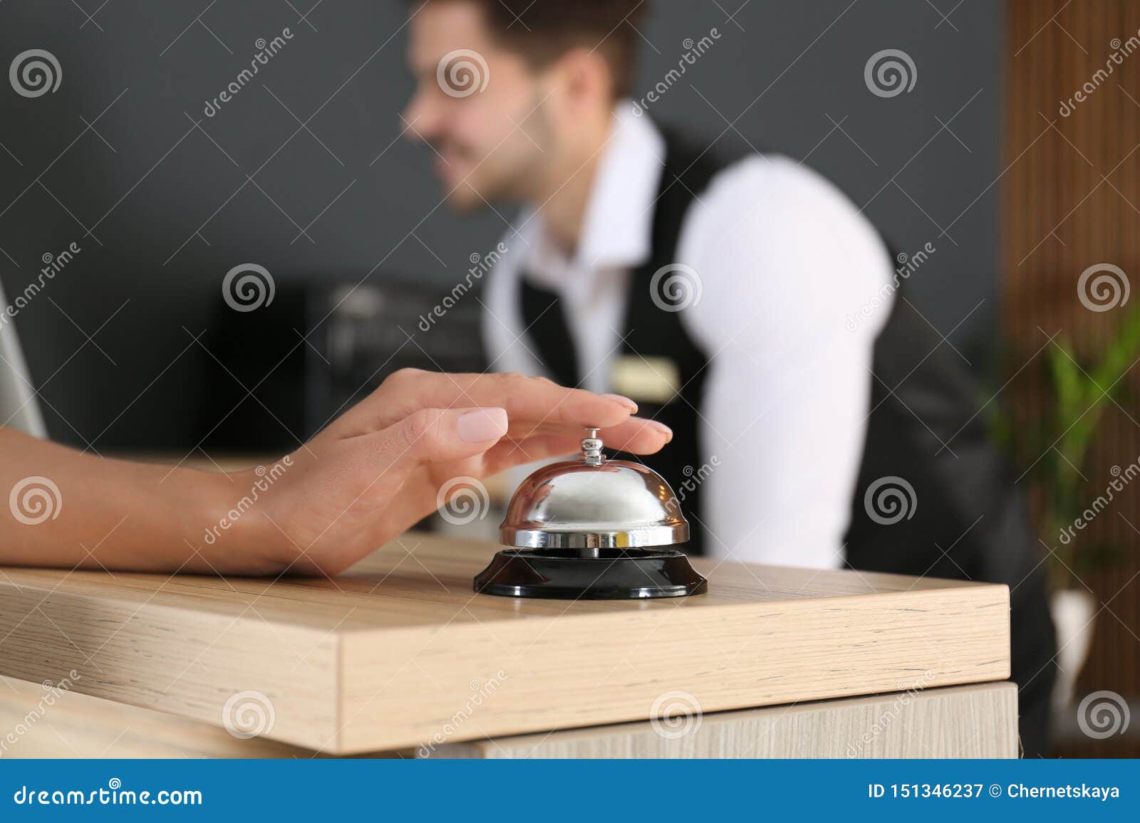 Woman Ringing in Bell on Reception Desk Stock Image - Image of ringing ...
