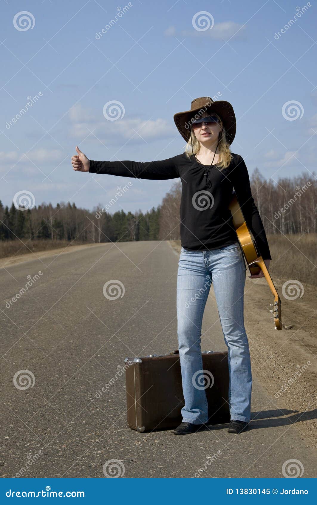 Woman on the Road in Auto-stop Stock Image - Image of baggage ...