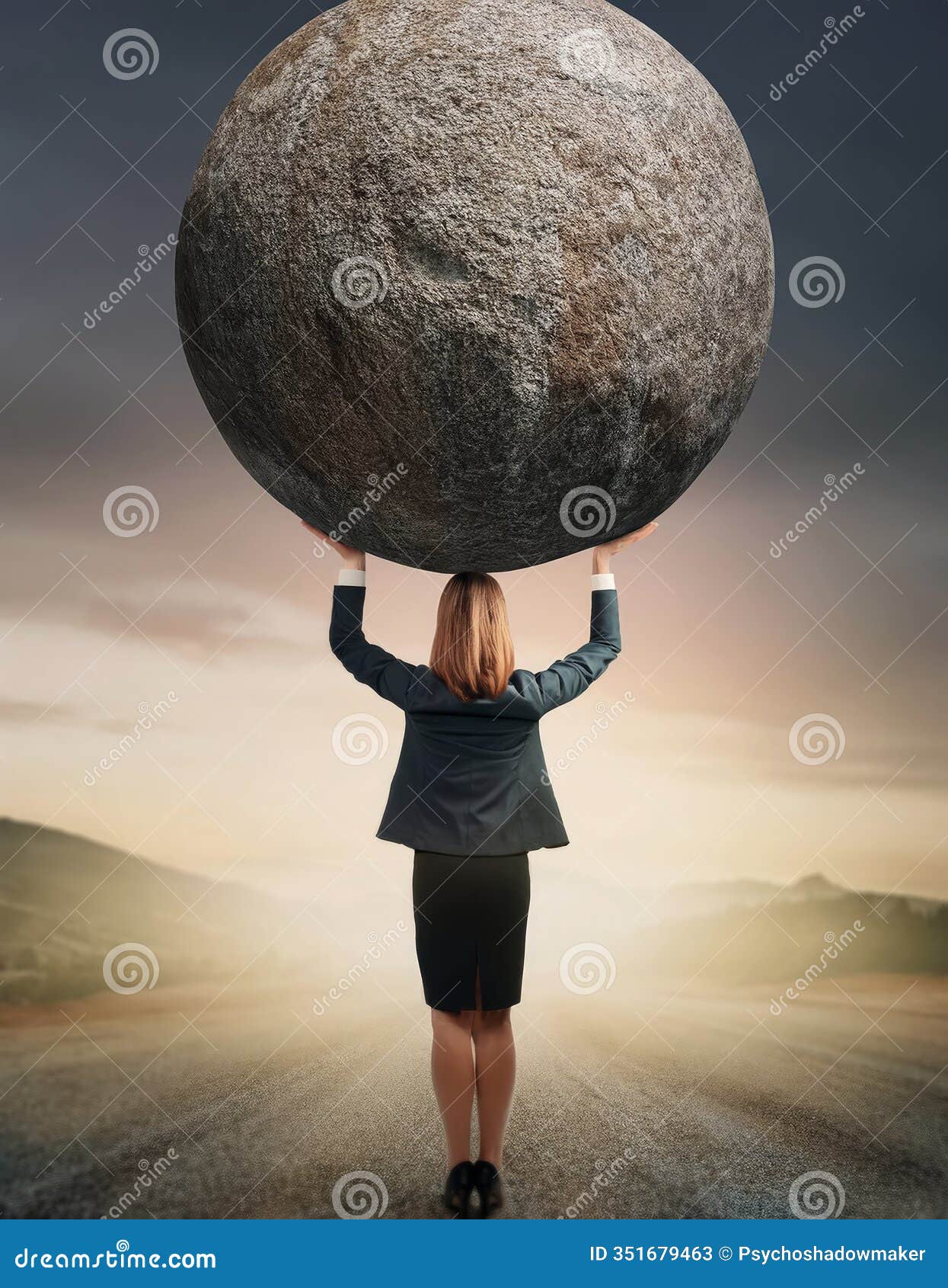 Woman on the Road Lifting a Big Boulder from Her Path. Solving an ...