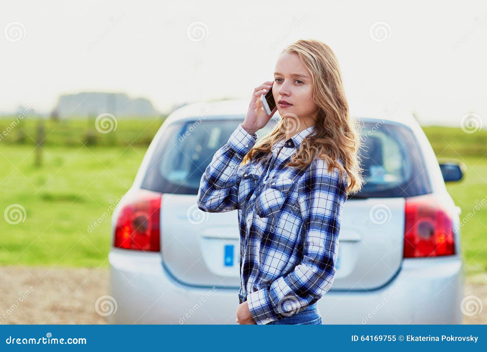 Woman on the Road Near a Broken Car Calling for Help Stock Image ...
