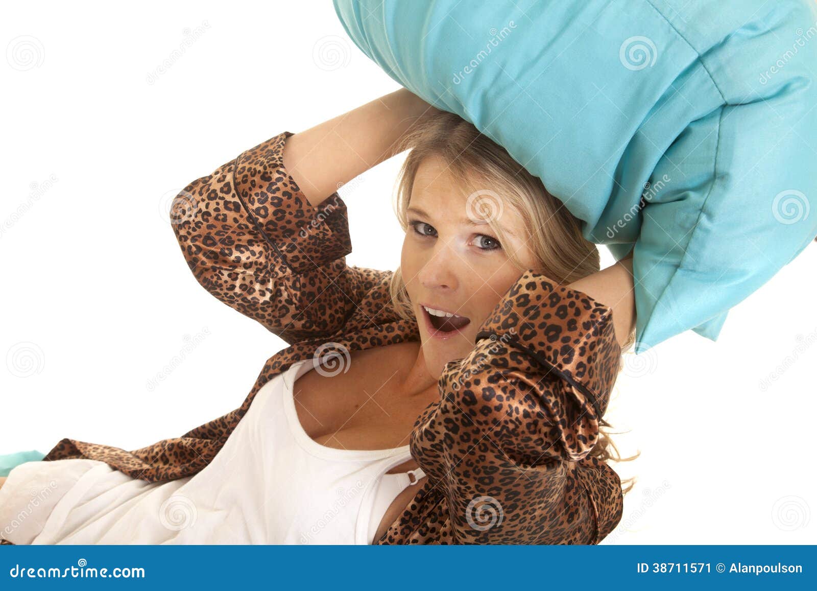 Woman in Robe Blue Pillow Over Head Stock Image - Image of lips, body ...