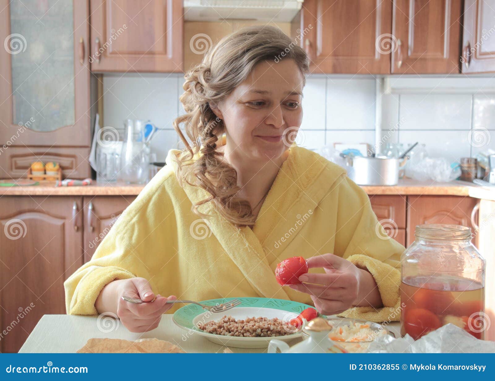 Woman in Robe in the Kitchen Stock Image - Image of healthy, cuisine ...