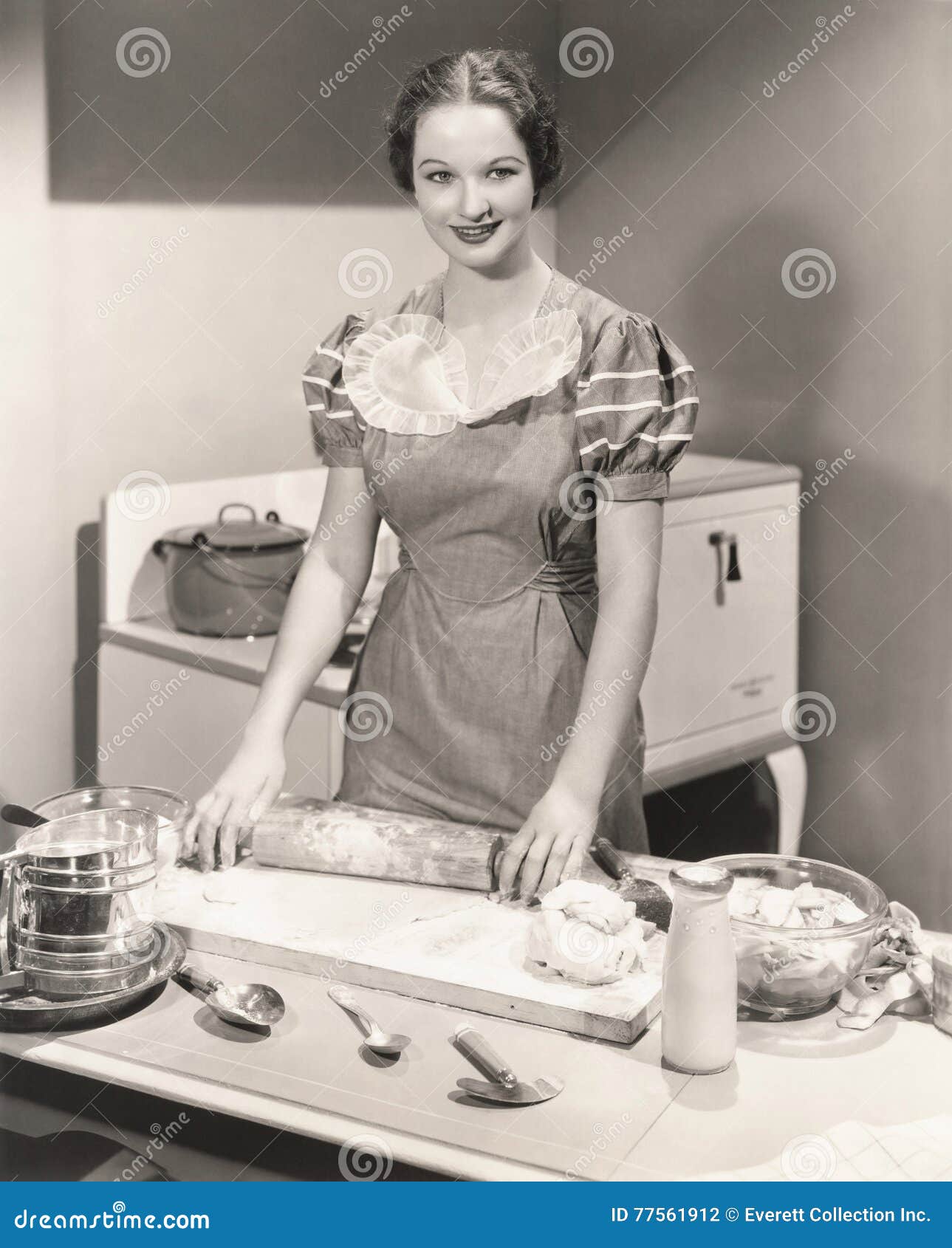 Woman Rolling Dough on Kitchen Counter Stock Photo - Image of ...