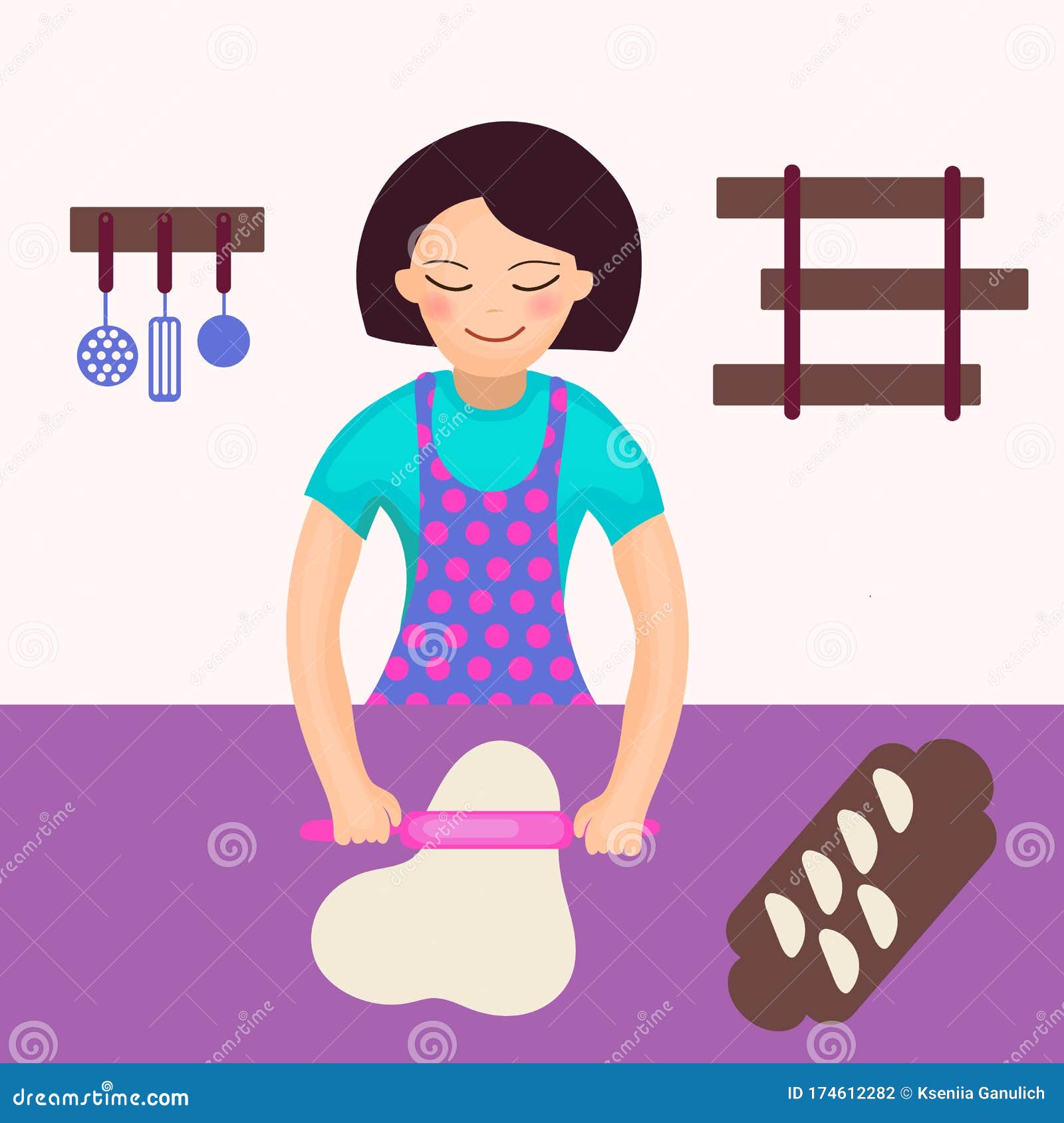Woman Rolls Dough in the Kitchen. Vector Illustration Stock Vector ...