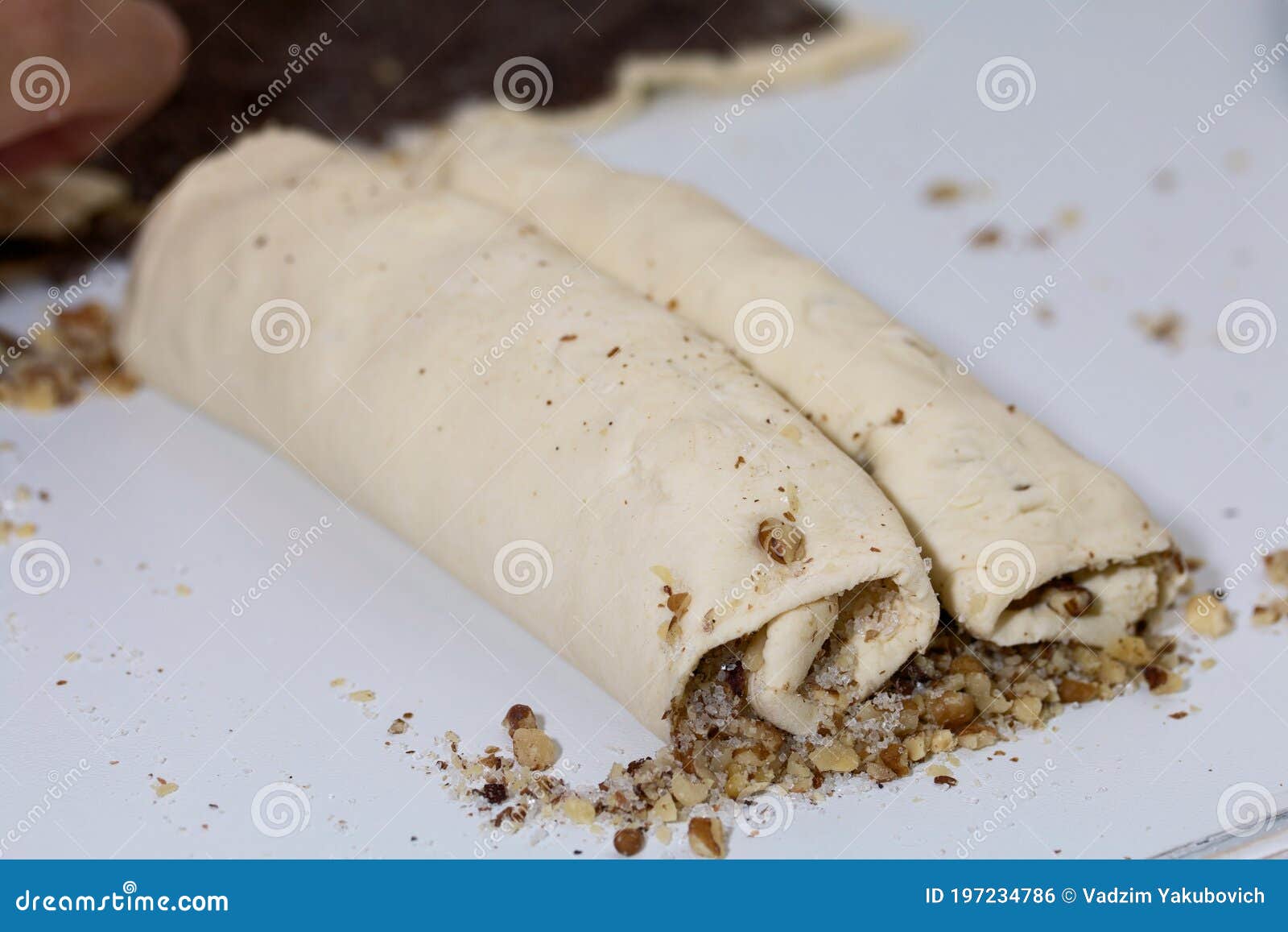 A Woman Rolls Up the Rolled Dough with a Layer of Walnuts. Cooking Buns ...