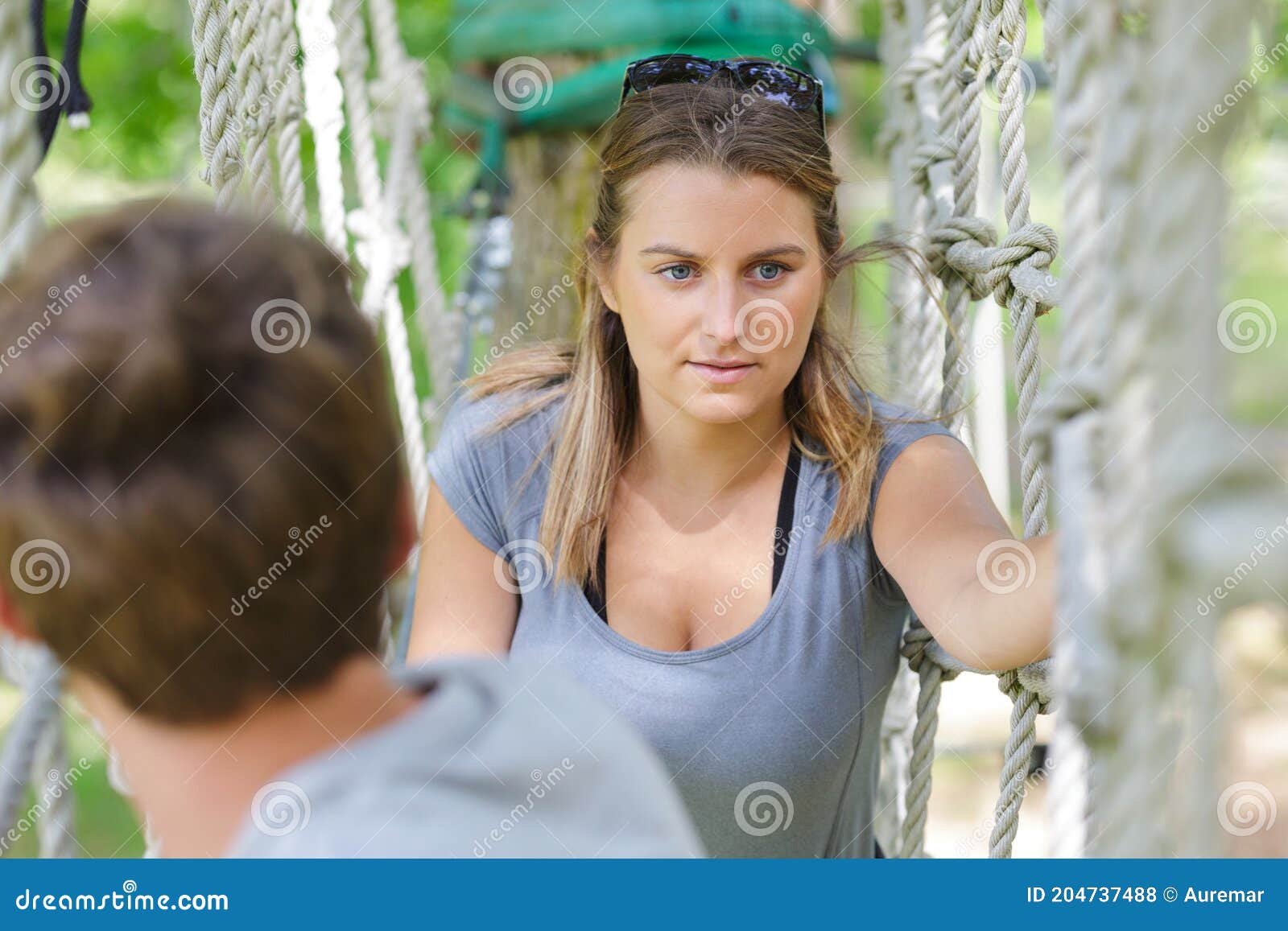 Woman on rope bridge stock photo. Image of pass, support - 204737488