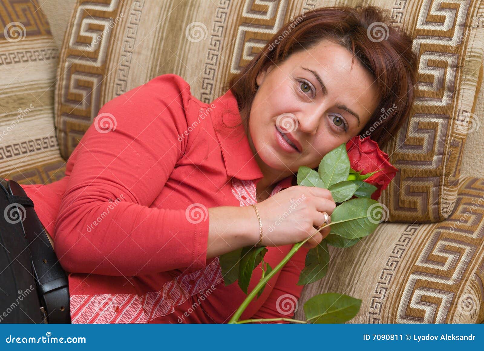 Woman with rose stock image. Image of woman, pink, room - 7090811