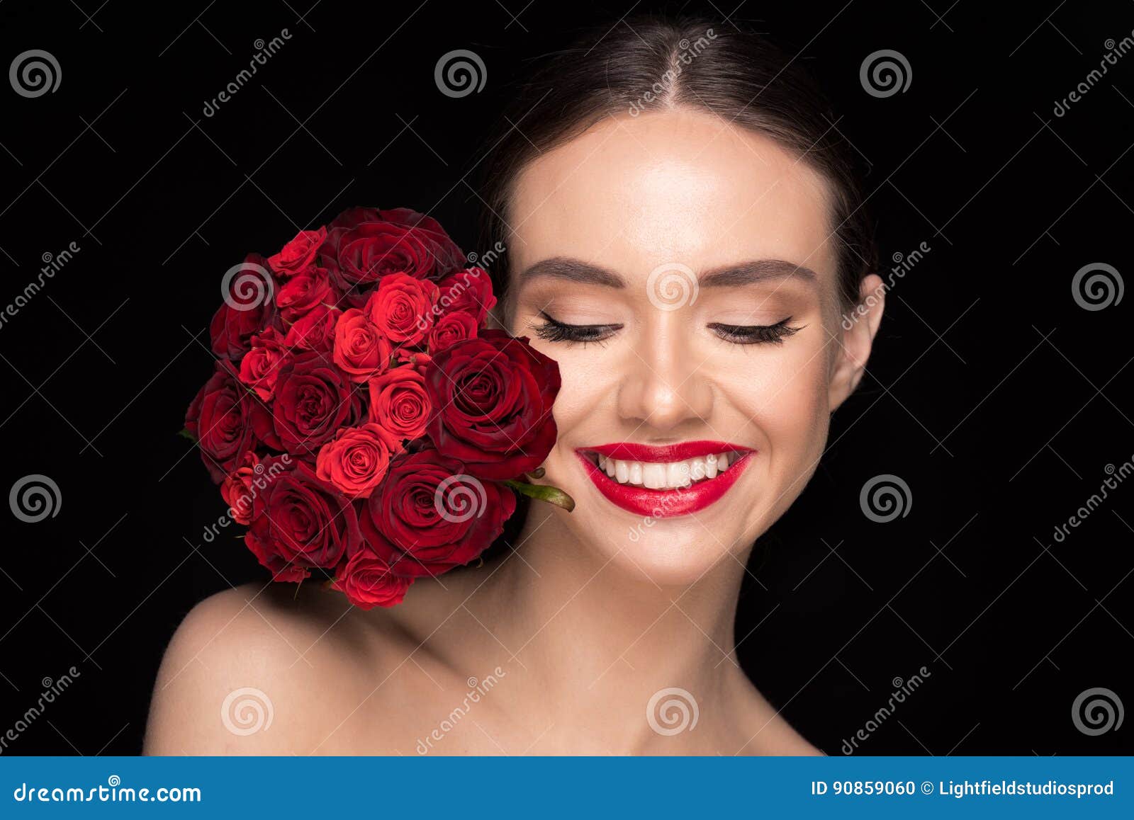 Woman with roses bouquet stock photo. Image of stylish - 90859060