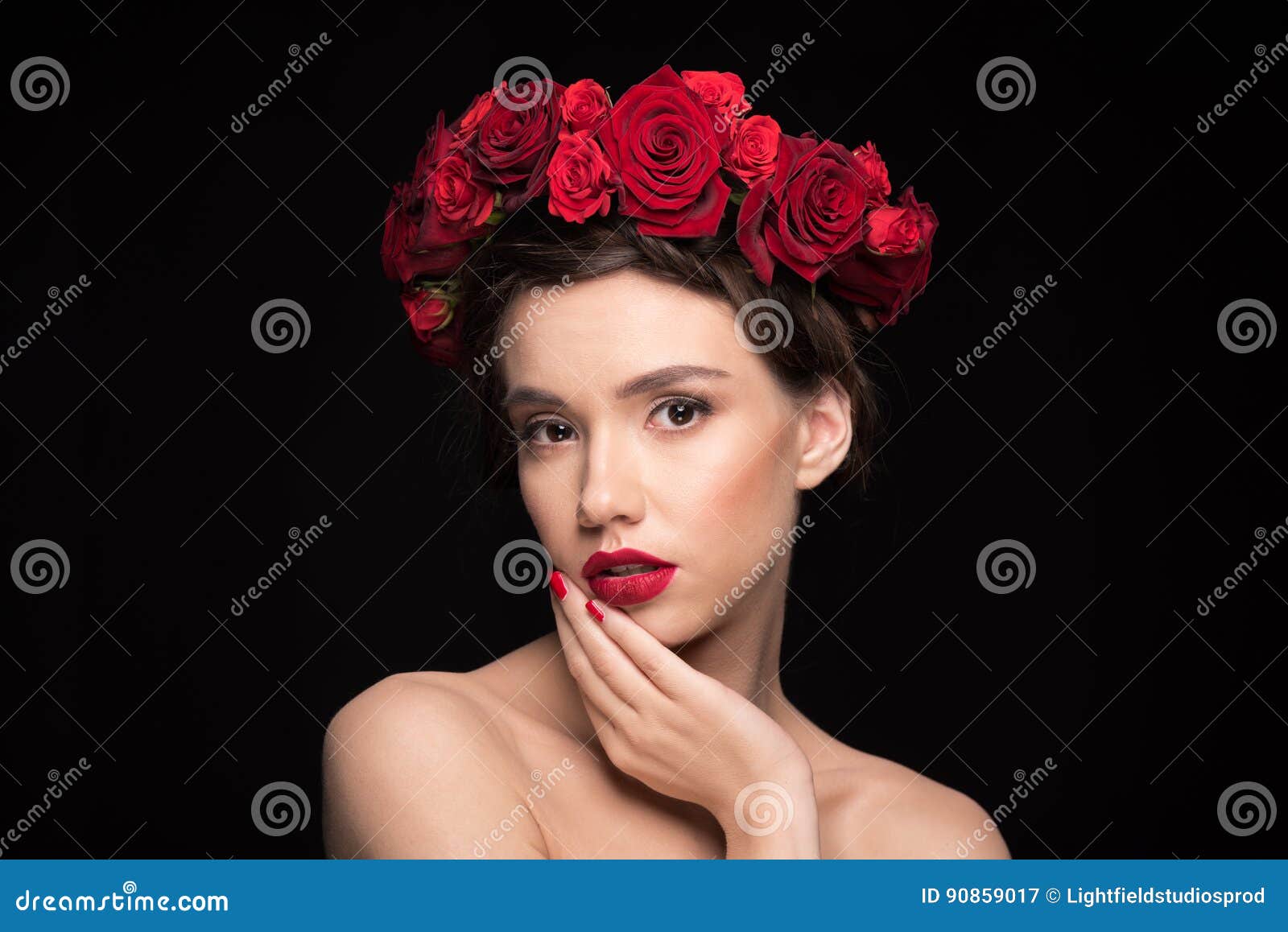 Woman with Roses Wreath on Head Stock Image - Image of model, beauty ...