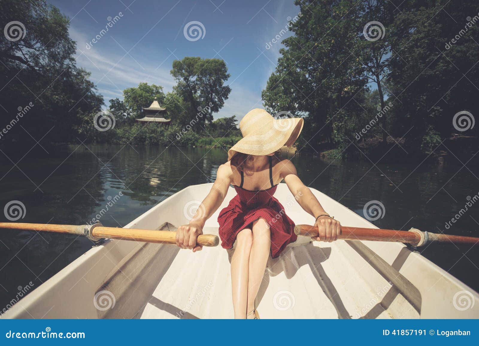 Woman Rowing a Boat in Summer Stock Image - Image of vintage, beauty ...