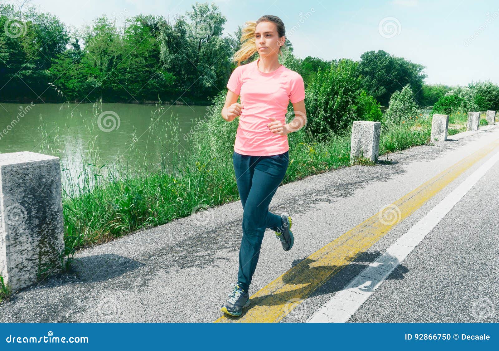 Woman Run, Running on the Road with River Stock Photo - Image of road ...