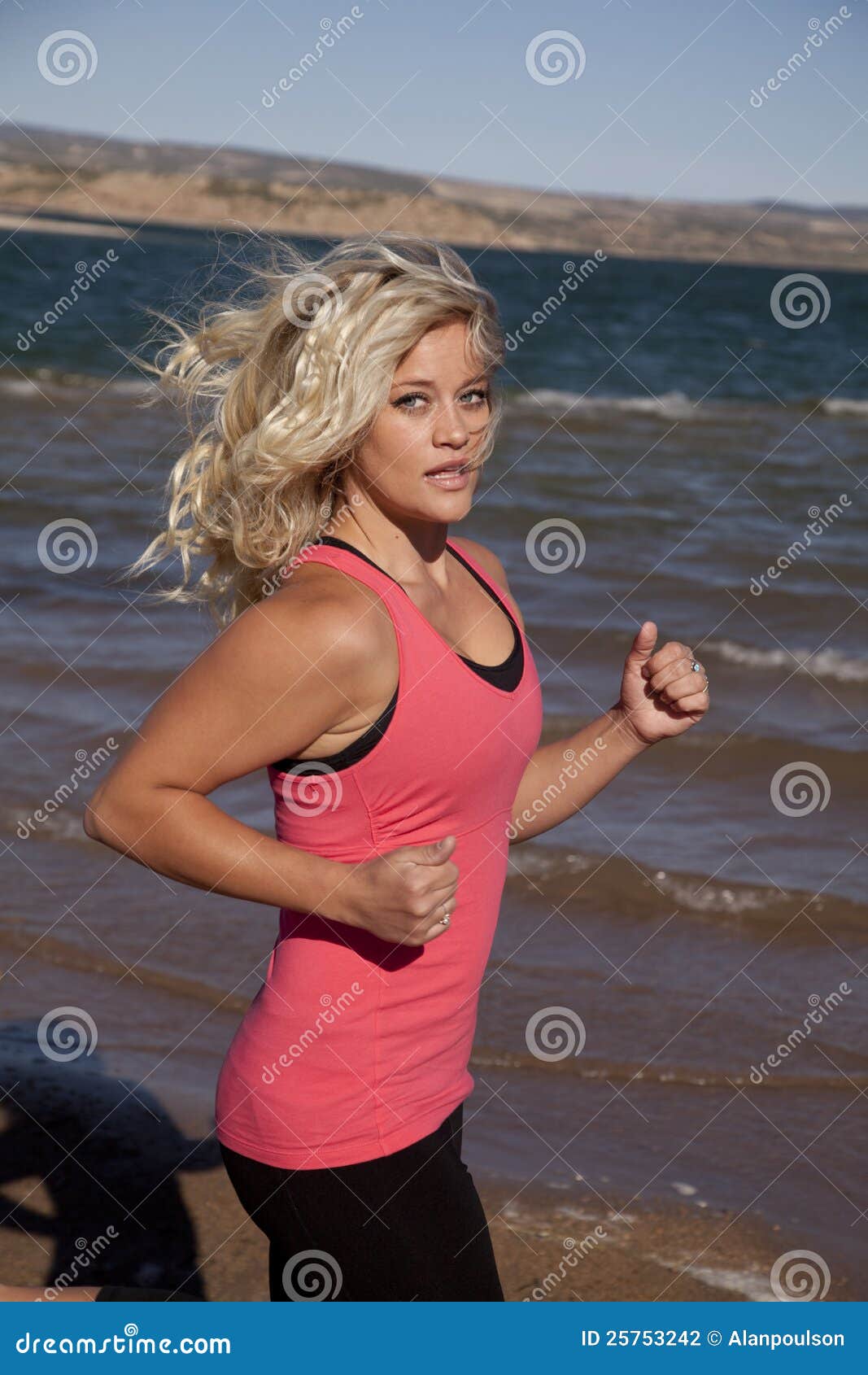 Woman Run by Water Pink Tank Stock Photo - Image of recreation ...
