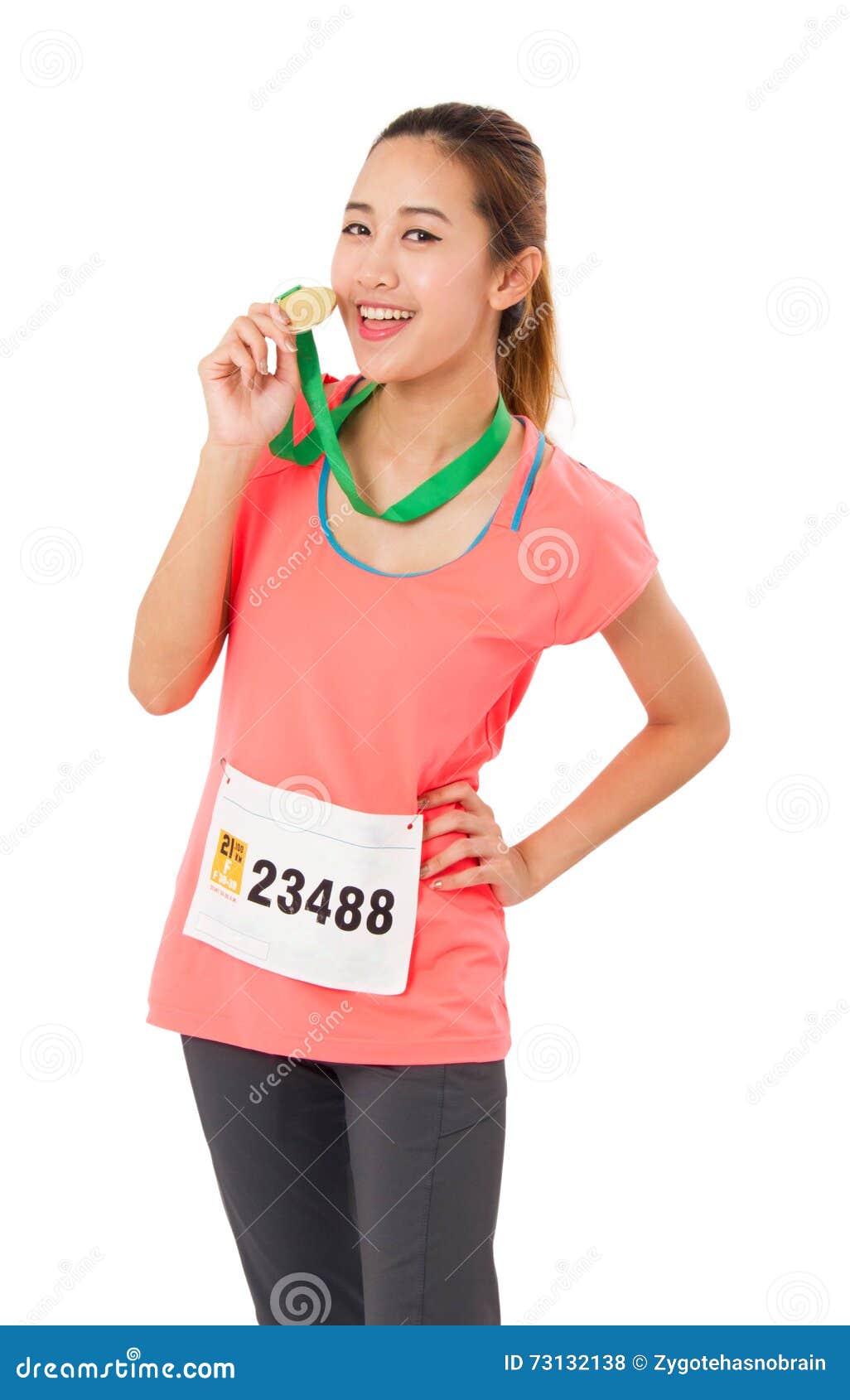 Woman Runner Got Medal. stock photo. Image of looking - 73132138