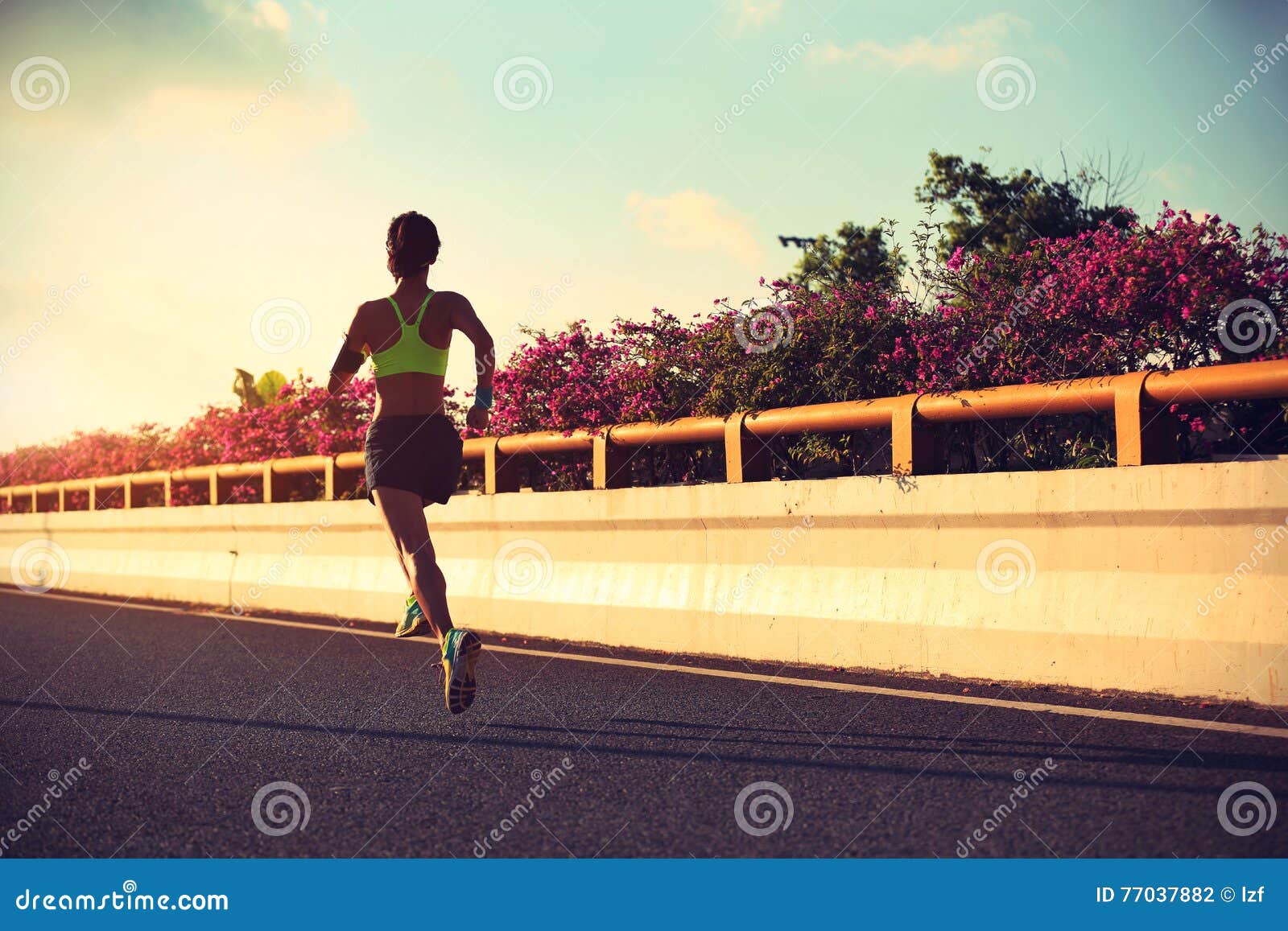 Woman Runner Running on City Road Stock Photo - Image of morning, green ...