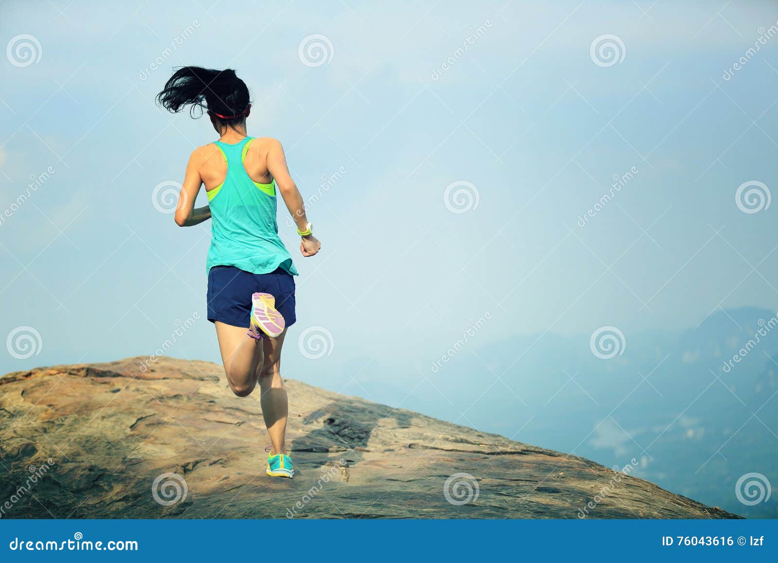 Woman Runner Running on Mountain Peak Stock Photo - Image of committed ...