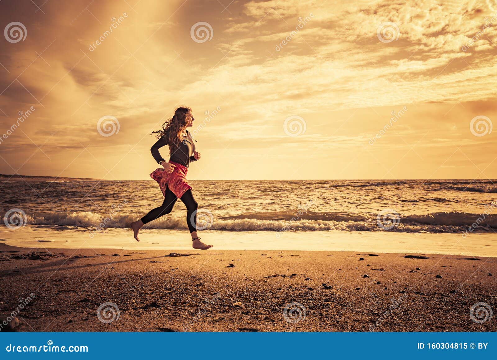 Woman Doing Beach Run on the Beach at Sunset Stock Image - Image of ...