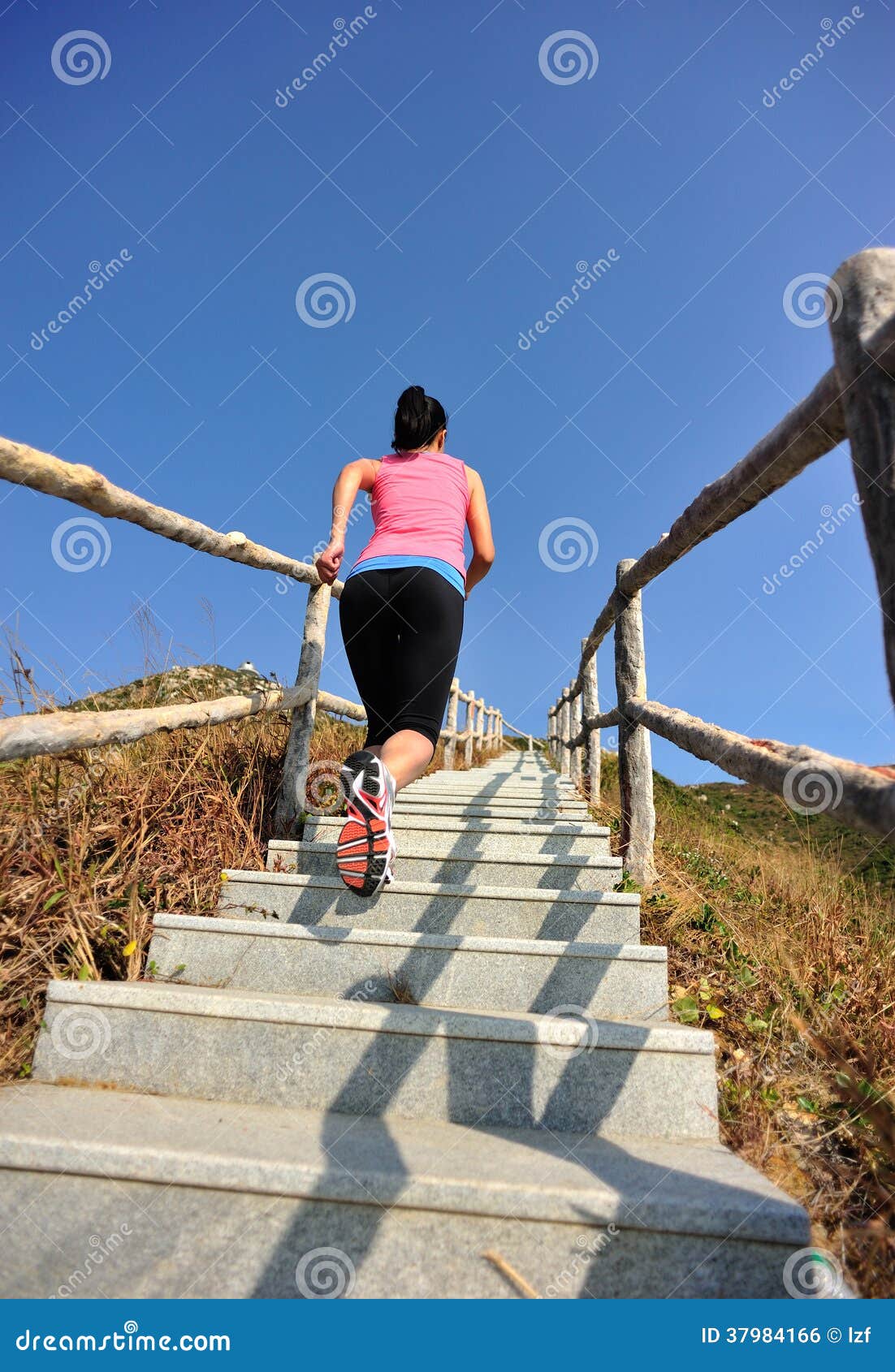 Woman Running Up on Mountain Stairs Stock Photo - Image of fitness ...