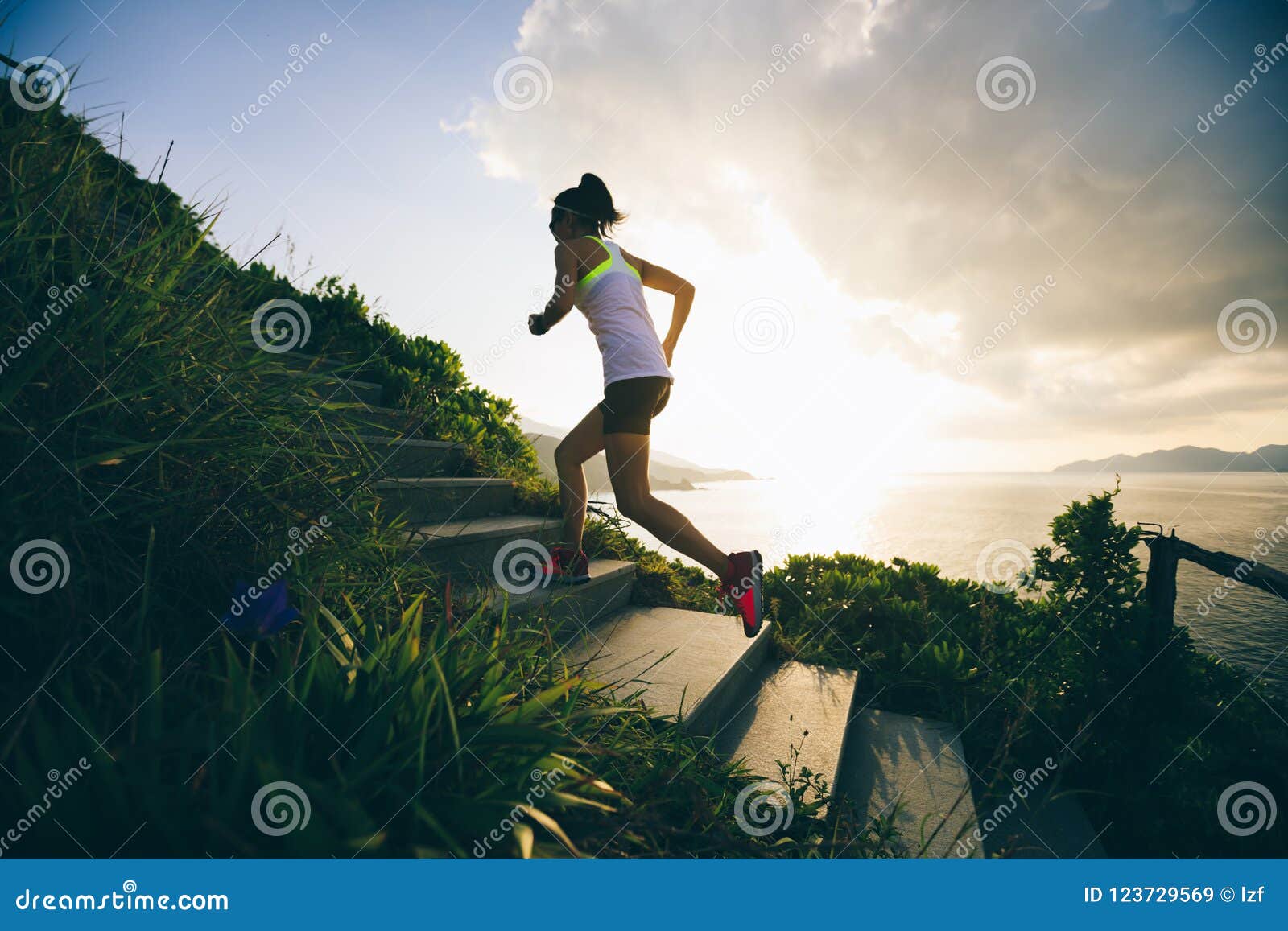 Woman Running Up on Seaside Mountain Stairs Stock Image - Image of ...