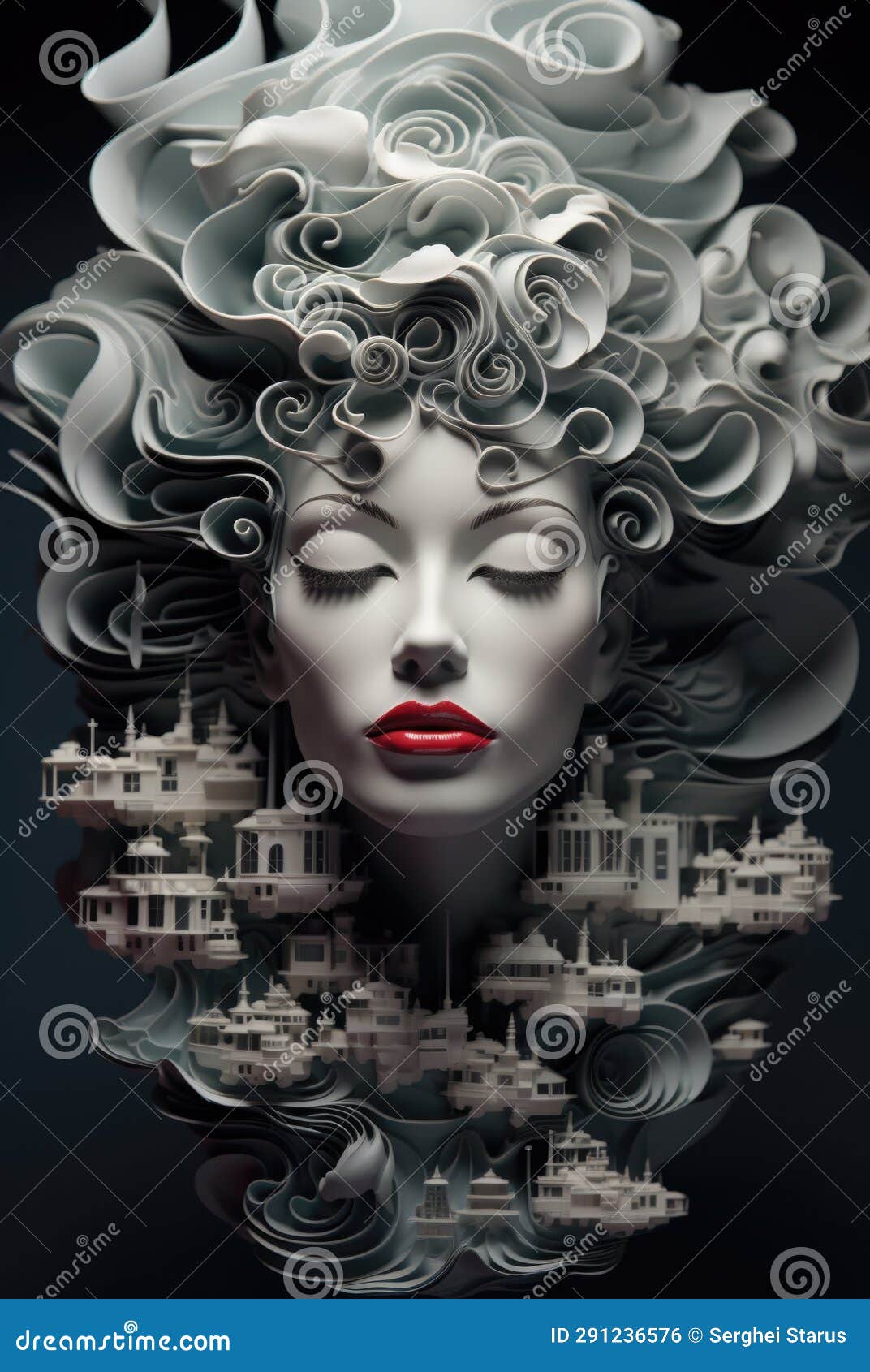 A Woman S Face with a Large Head of Clouds, AI Stock Illustration ...