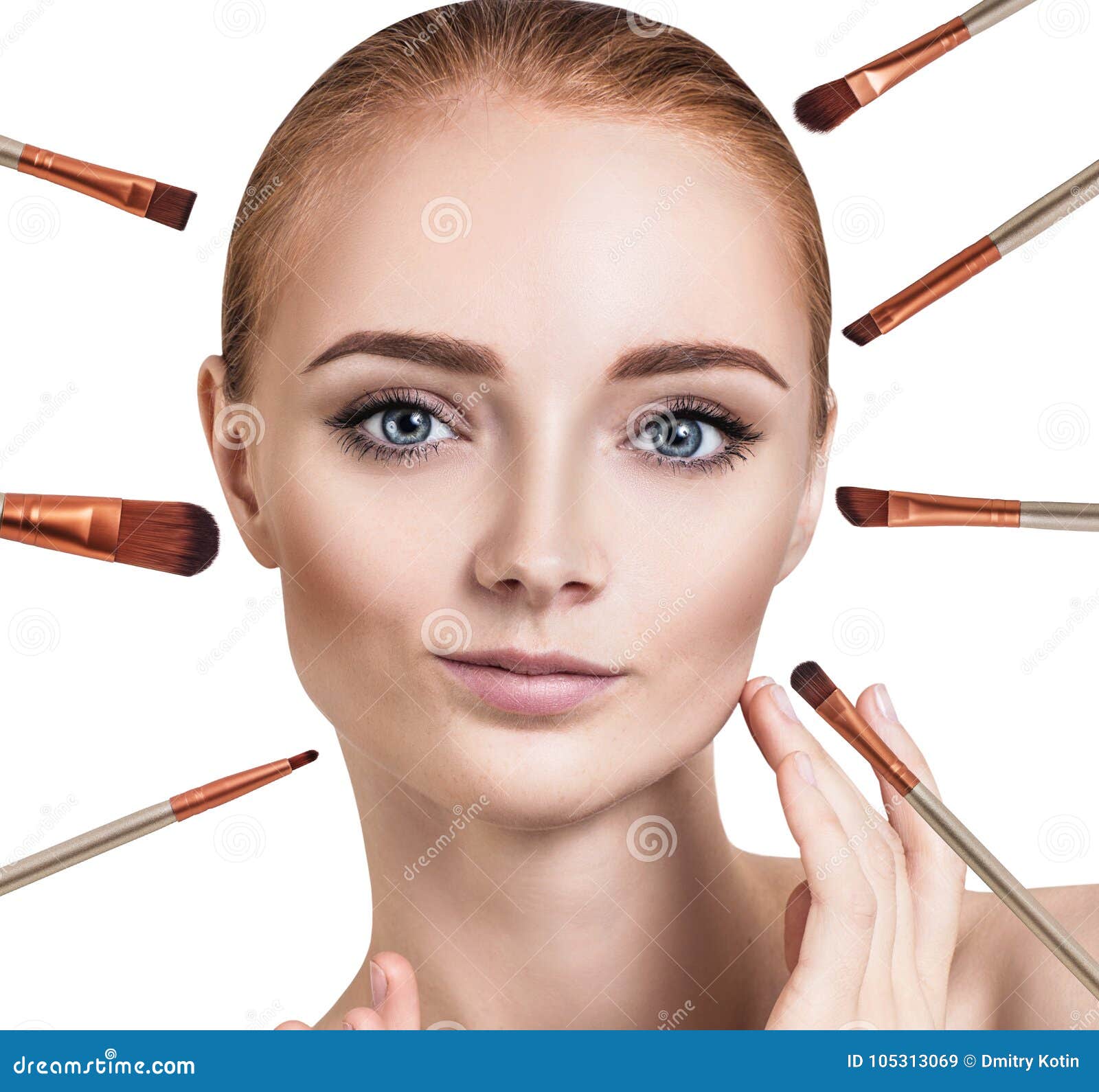 Woman`s Face Surrounded by Makeup Brushes. Stock Image - Image of ...